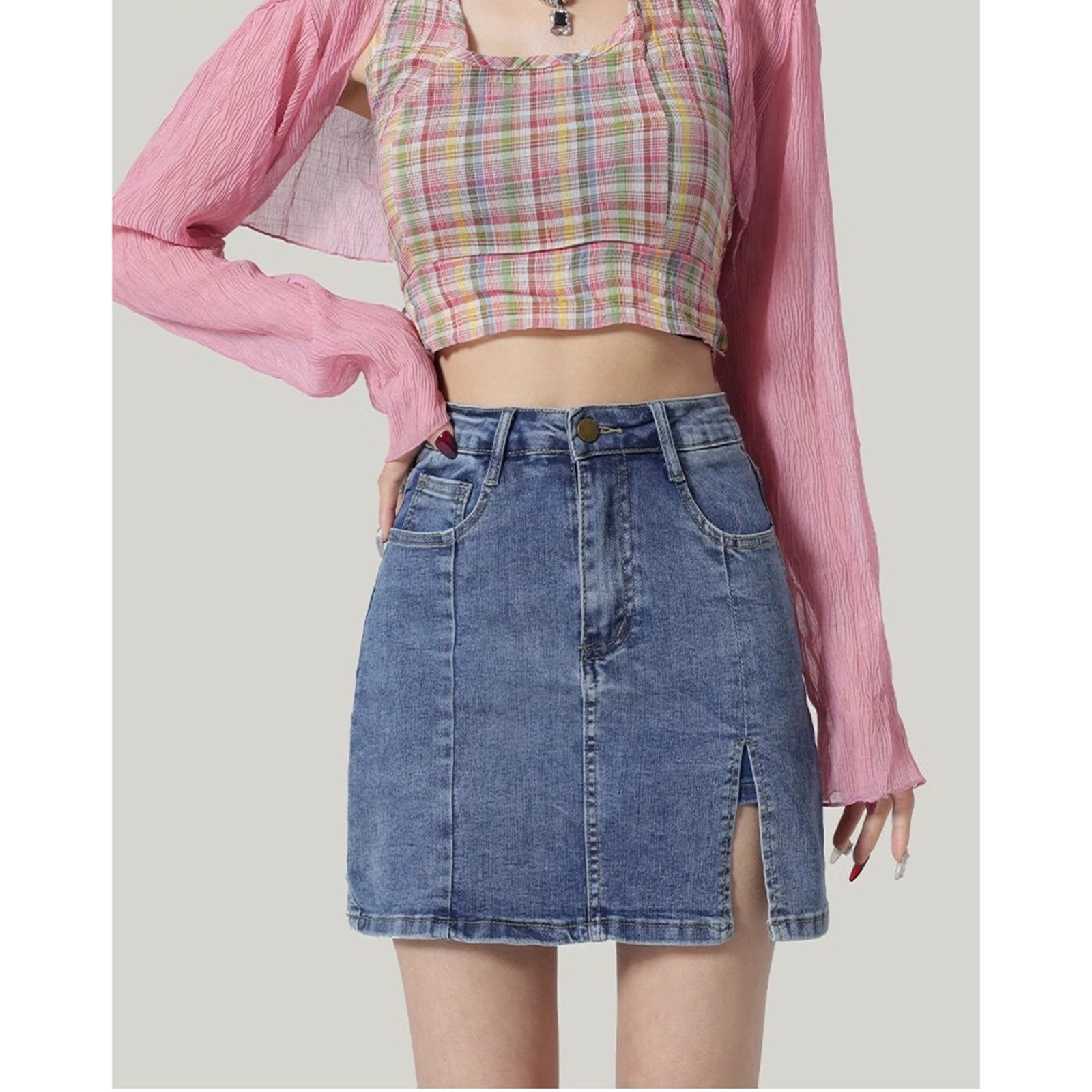 CHCNHAC Blue Denim Skort for Women High Waisted Mini Jean Skirt Split ...