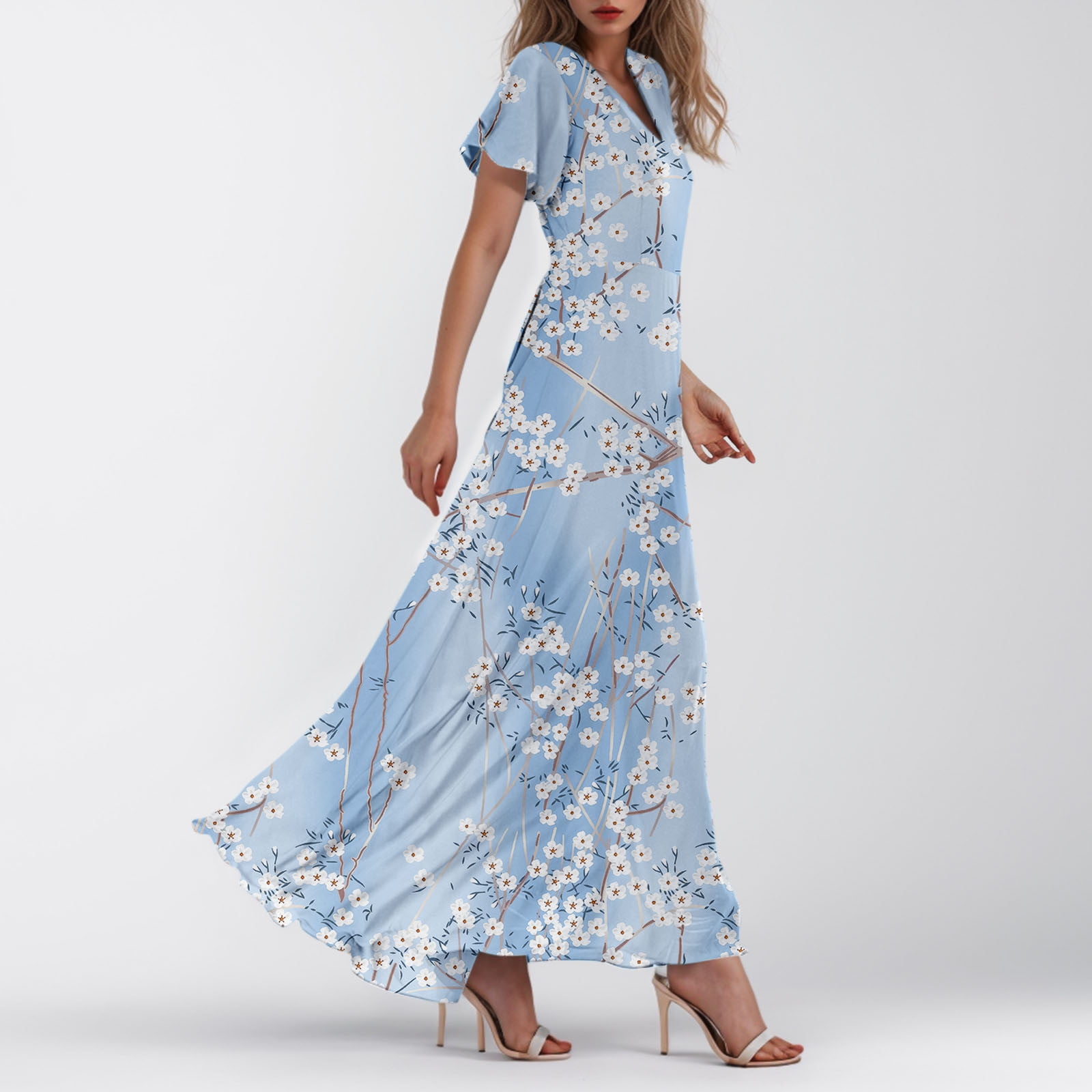 CHCNHAC Chiffon Dresses for Women Swing Flowy Sundresses Chiffon Floral ...