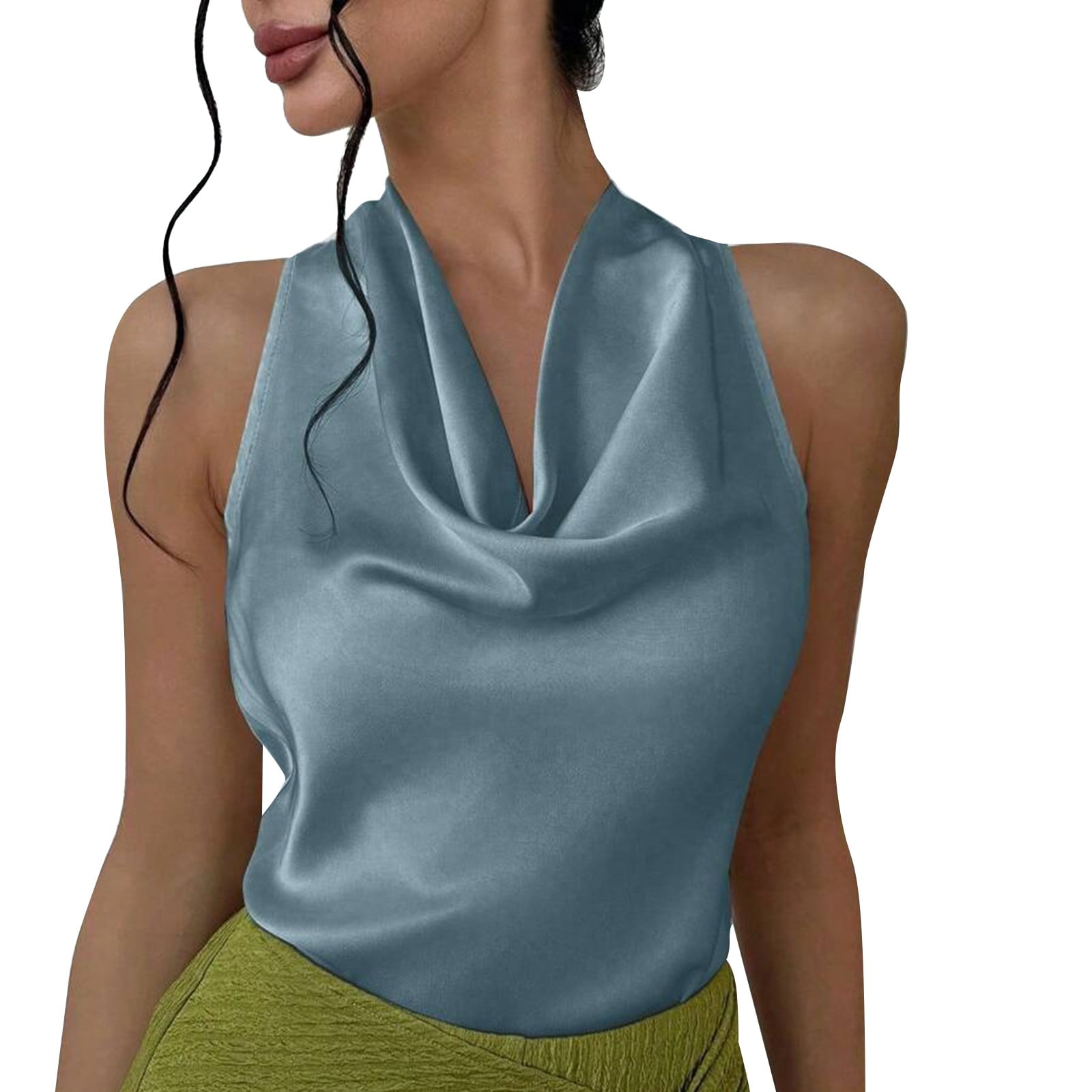 CHCNHAC Cowl Neck Tops for Women Silk Satin Front Draped Tie Back Blouses Party Fancy Sleeveless ...