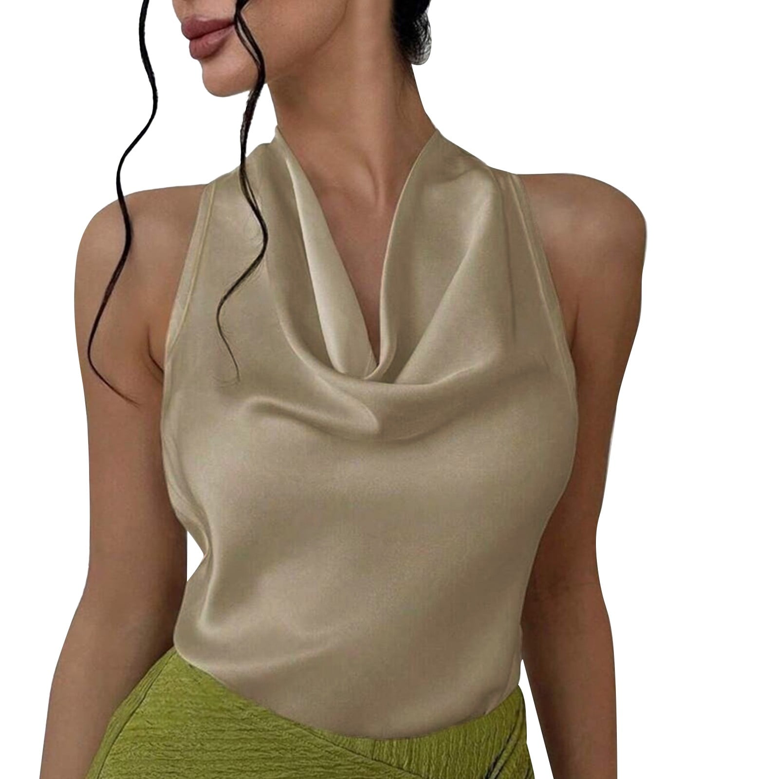 CHCNHAC Cowl Neck Tops for Women Satin Silky Draped Tie Back Blouses ...