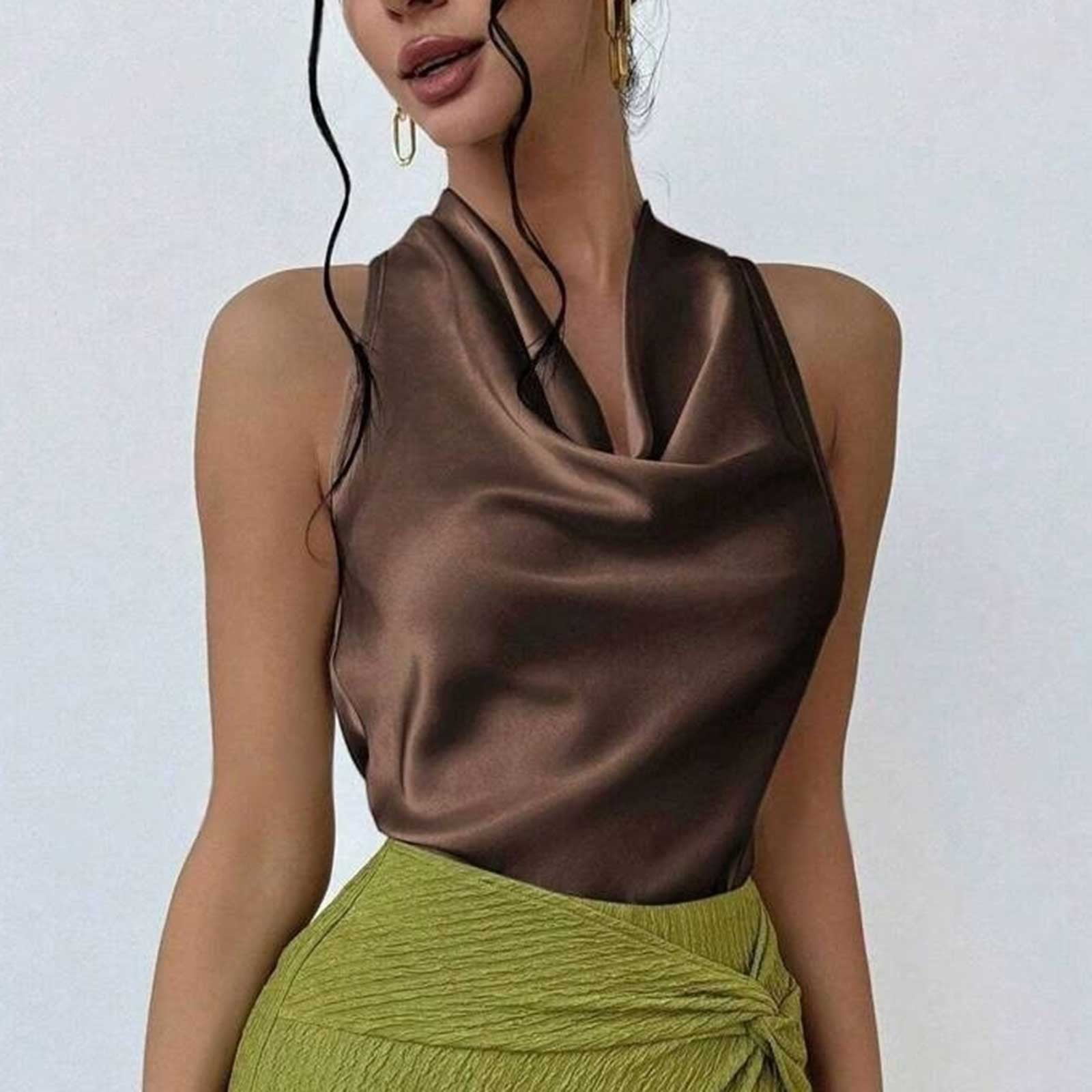CHCNHAC Cowl Neck Tops for Women Satin Silky Ruched Draped Tie Back ...