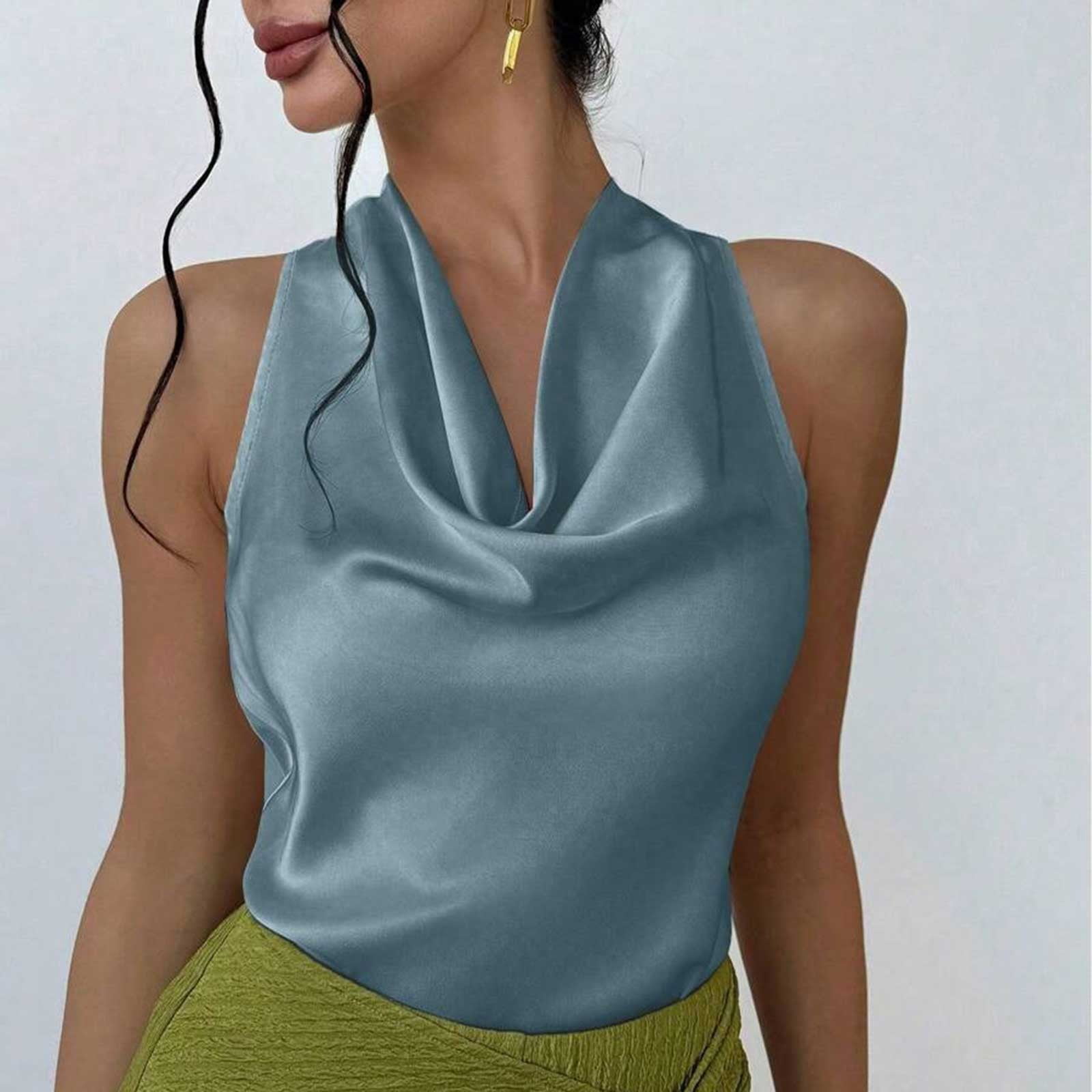 CHCNHAC Cowl Neck Tops for Women Silk Satin Draped Front Tie Back ...