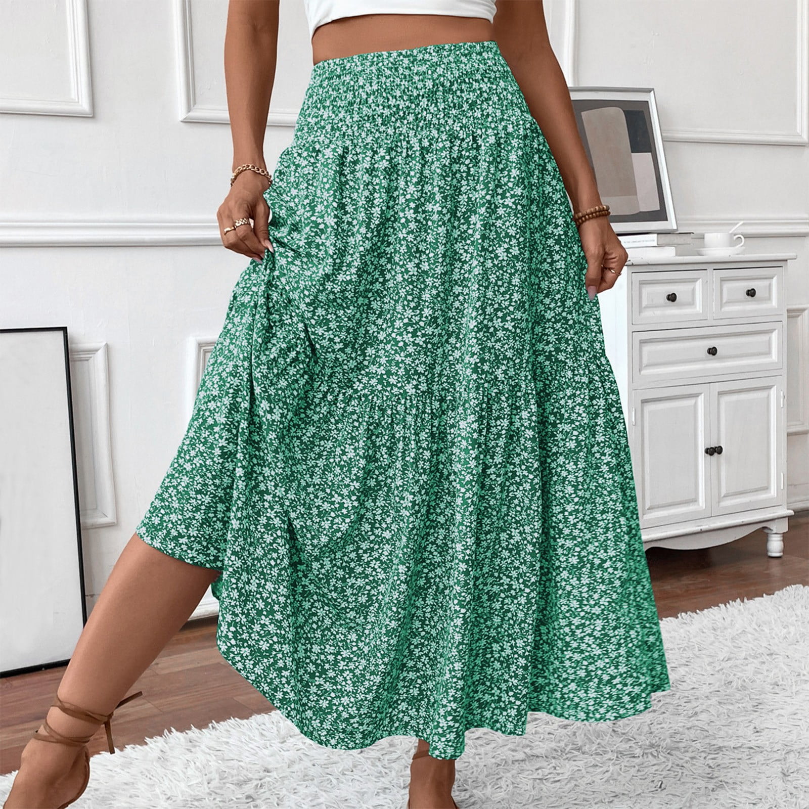 CHCNHAC Floral Skirts for Women Flowy High Waist Long Skirt Cute Plus ...