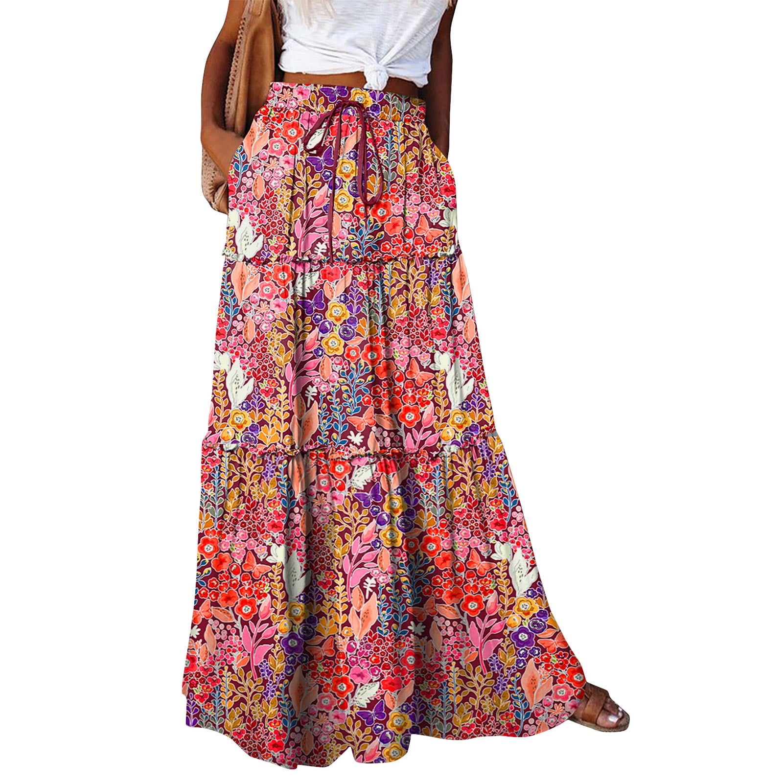 CHCNHAC Flowy Skirts for Women Bohemian High Waist Long Flowy Skirt ...