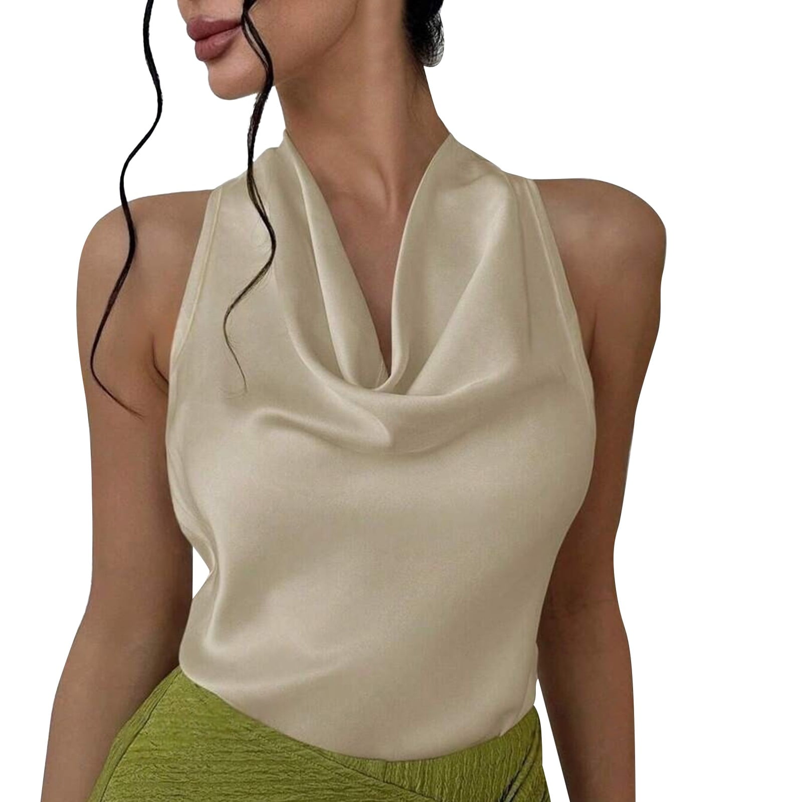 CHCNHAC Halter Tops for Women Ruched Draped Satin Silk Top Tie Back ...