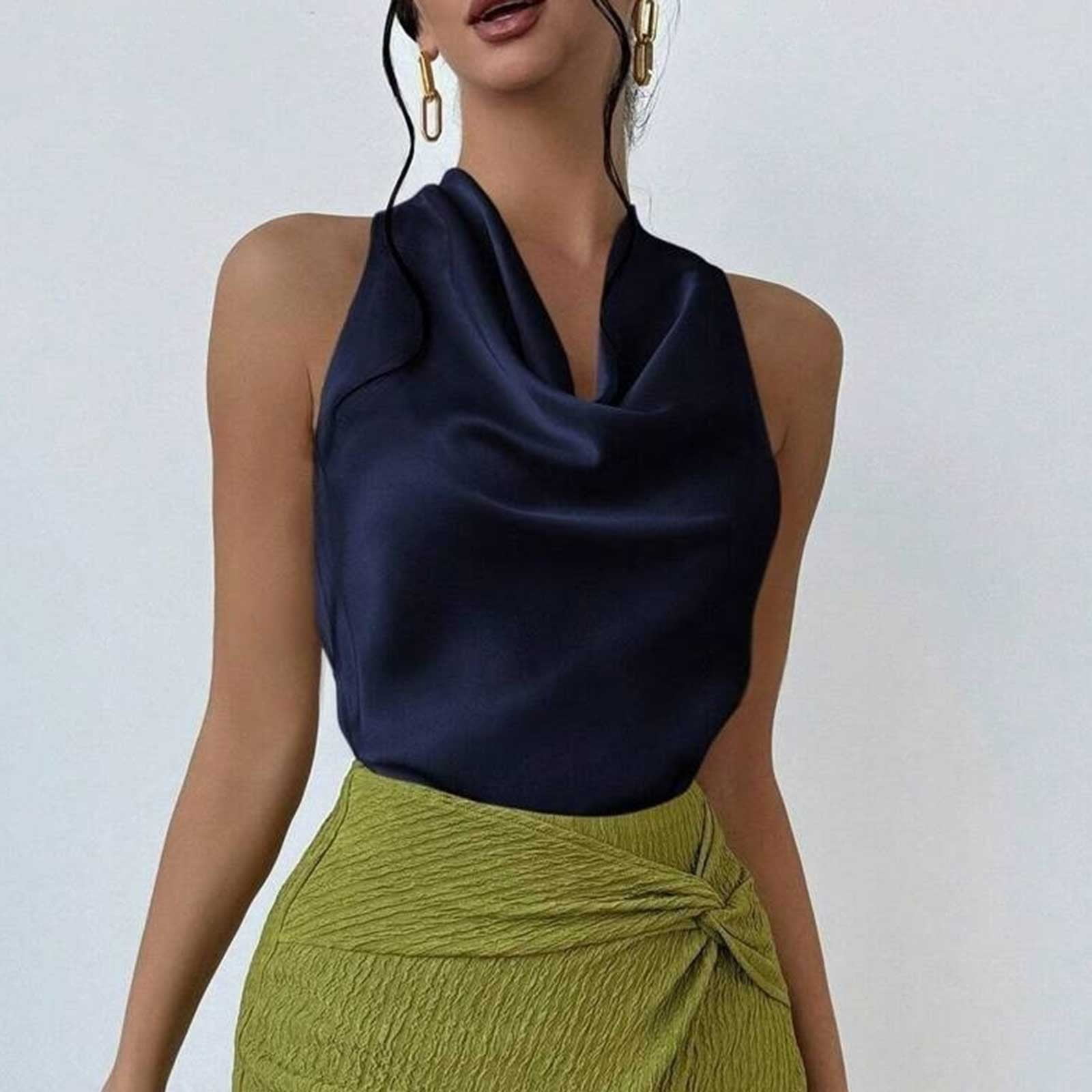 CHCNHAC Halter Tops for Women Silk Satin Front Draped Blouse Tie Back ...