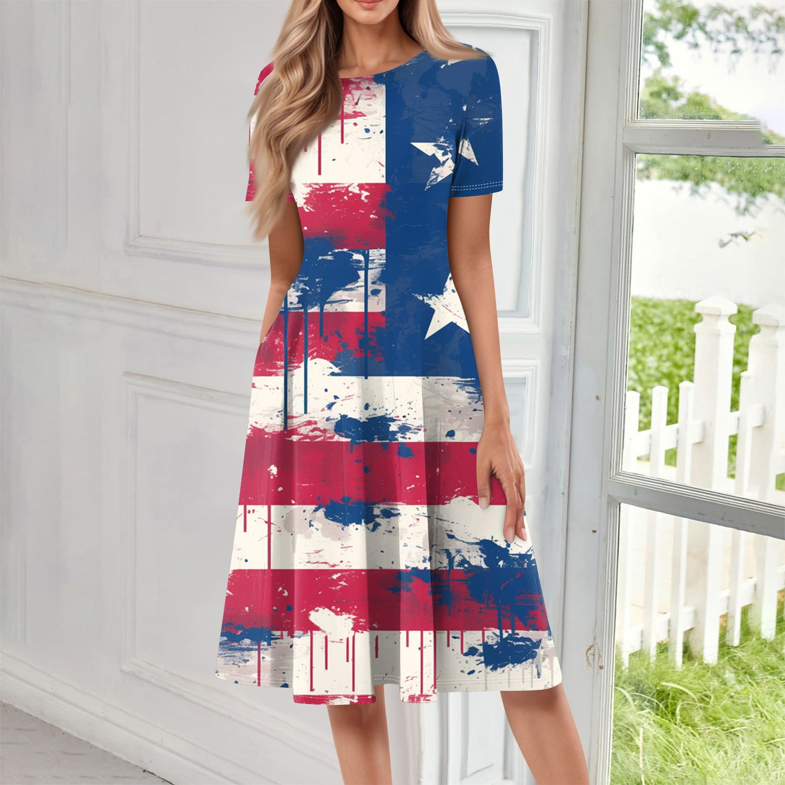 CHCNHAC Independence Day Dresses for Women Short Sleeve O Neck Midi ...