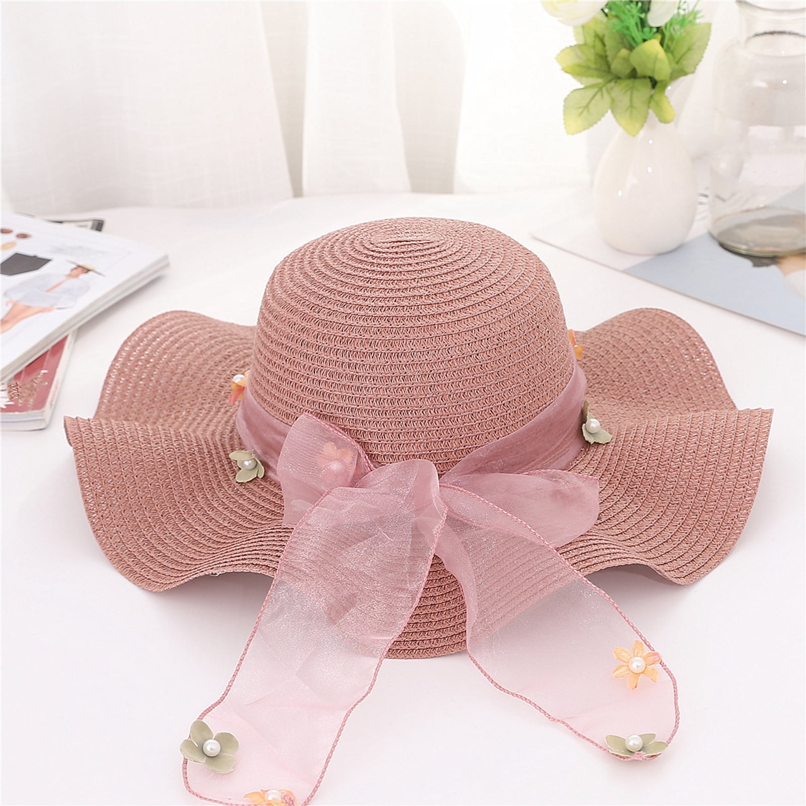 CHCNHAC Ladies' Sun Hat Bow Grass Hat Flower Pearl Beach Hat Summer ...