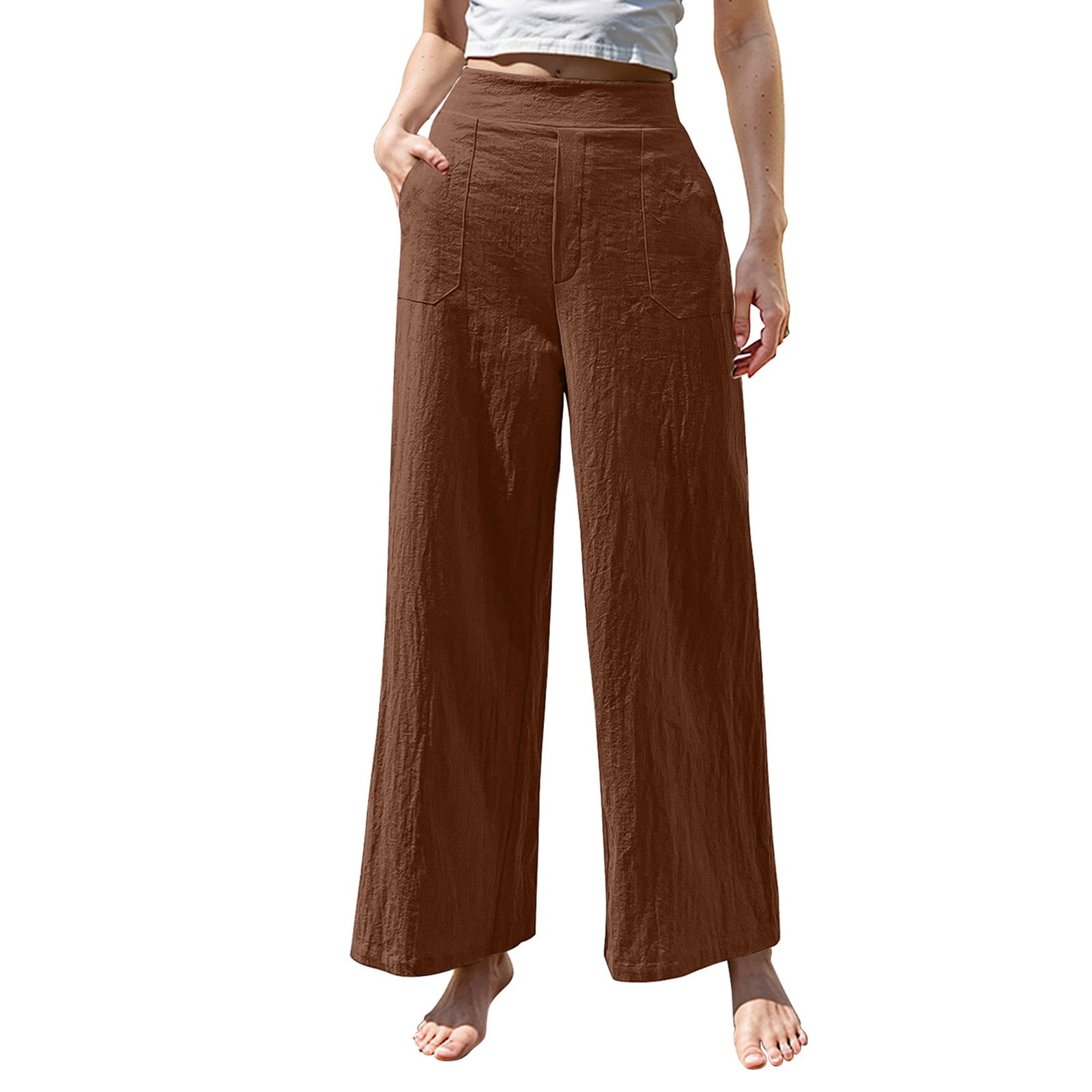 CHCNHAC Linen Pants Women Comfy Palazzo Flowy Boho Pants Wide Leg High ...
