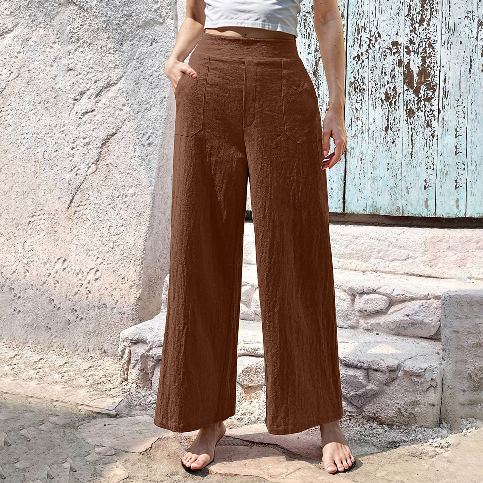 CHCNHAC Linen Pants Women Comfy Palazzo Linen Pant Wide Leg Trousers ...