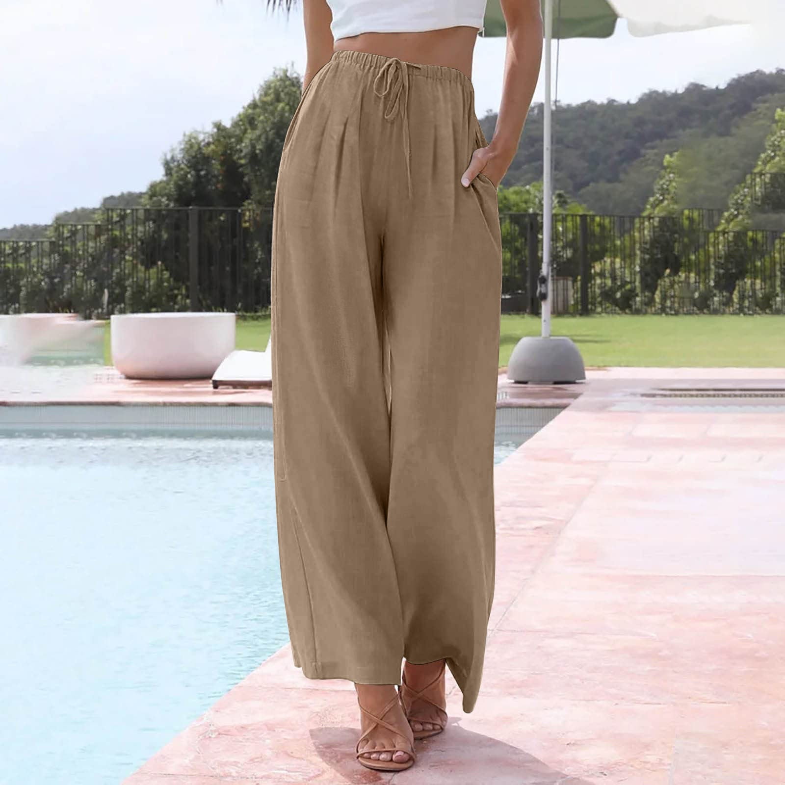CHCNHAC Linen Pants Women Palazzo Flowy Pant Baggy Wide Leg Summer ...