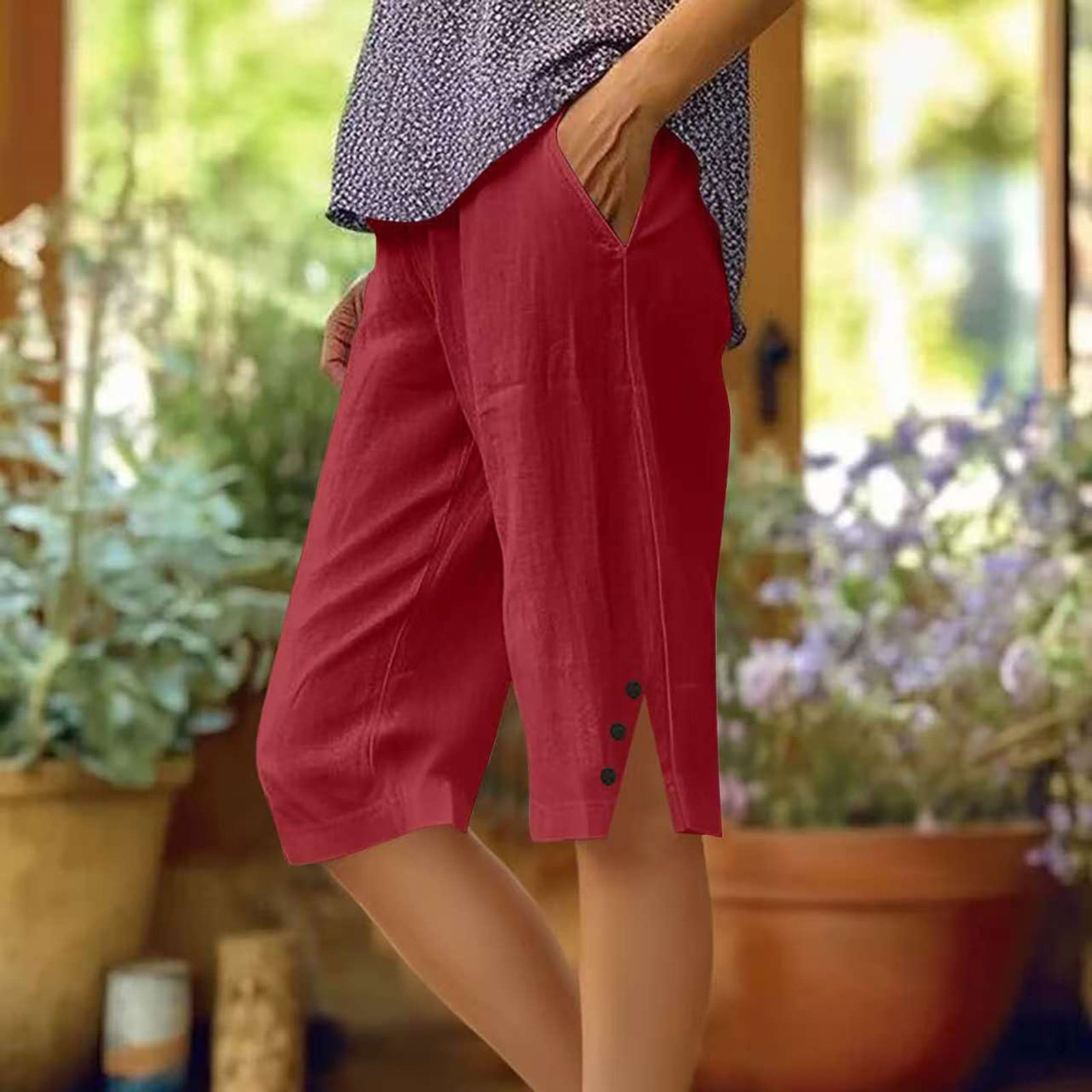 CHCNHAC Linen Shorts for Women Causal Elastic Waist Knee Length Bermuda ...
