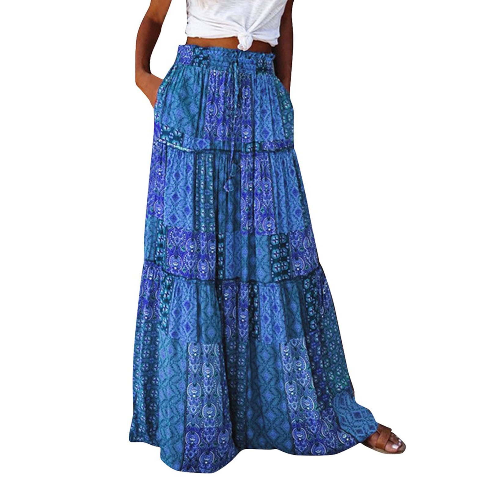 CHCNHAC Flowy Skirts for Women Boho A-Line Long Skirt Holiday Loose ...