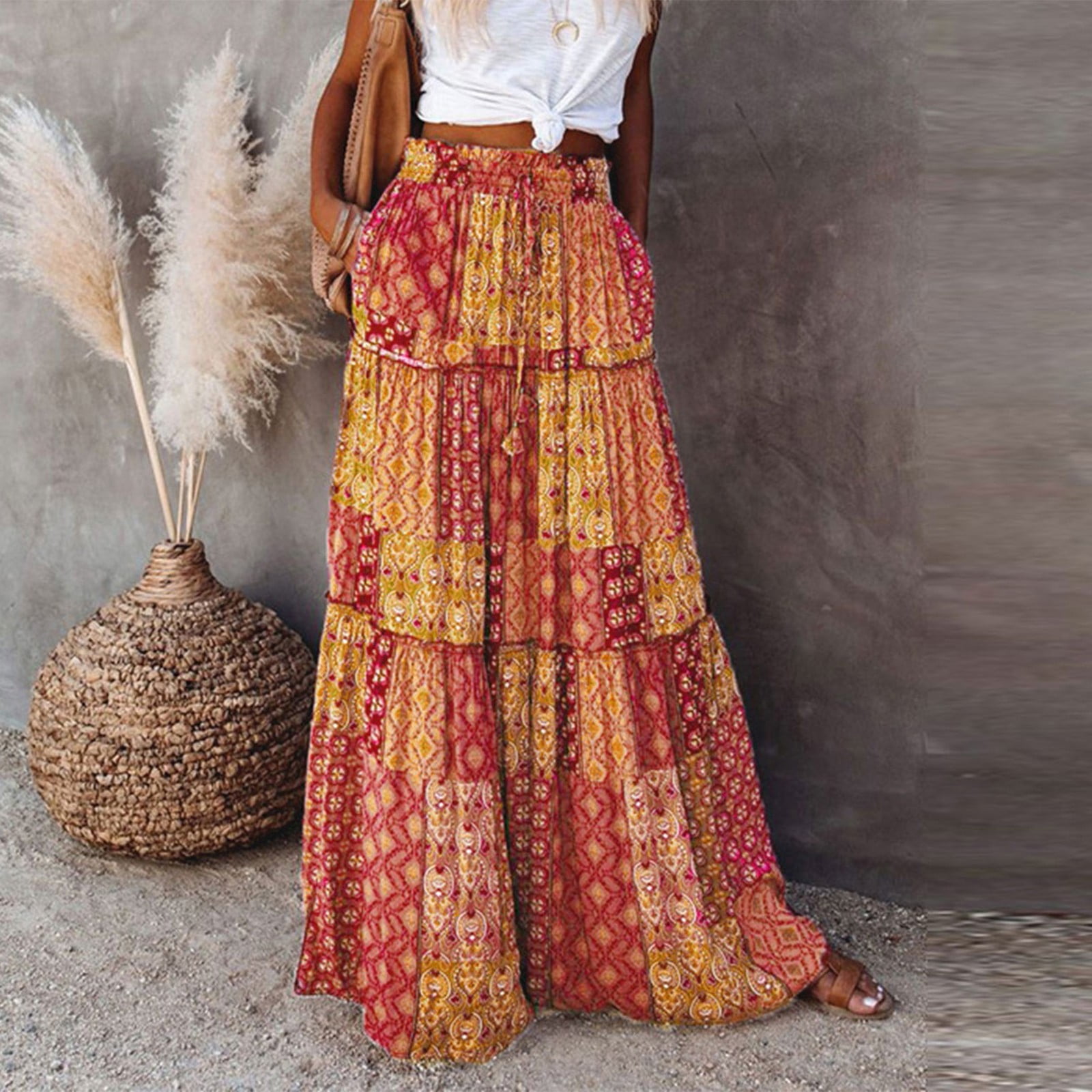 CHCNHAC Maxi Skirts for Women Boho Flowy High Waist Long Skirt Cute ...