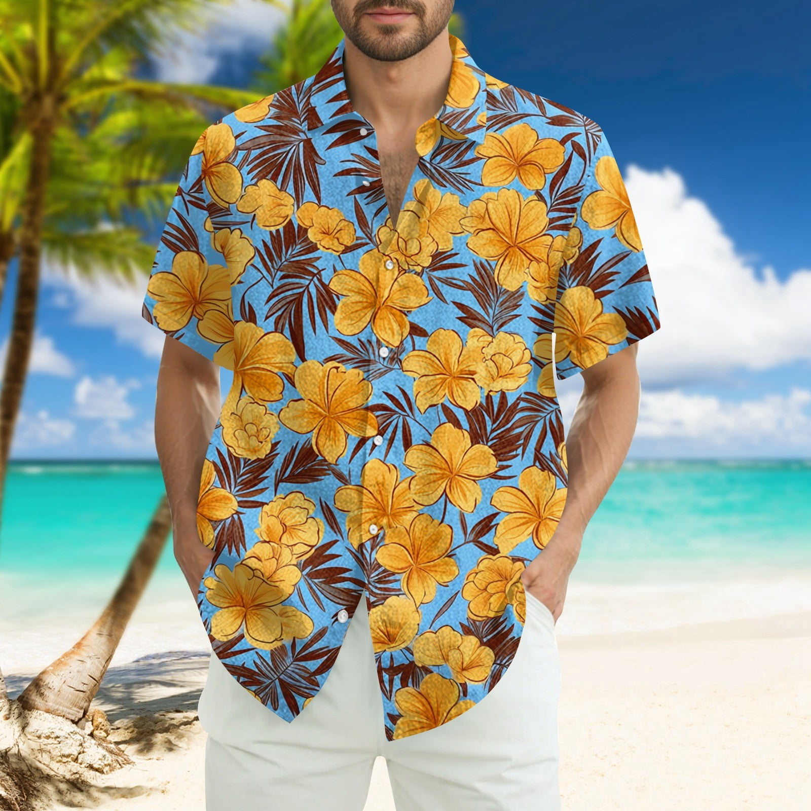 CHCNHAC Mens Beach Shirts Summer Short Sleeve Button Down Floral Shirts ...