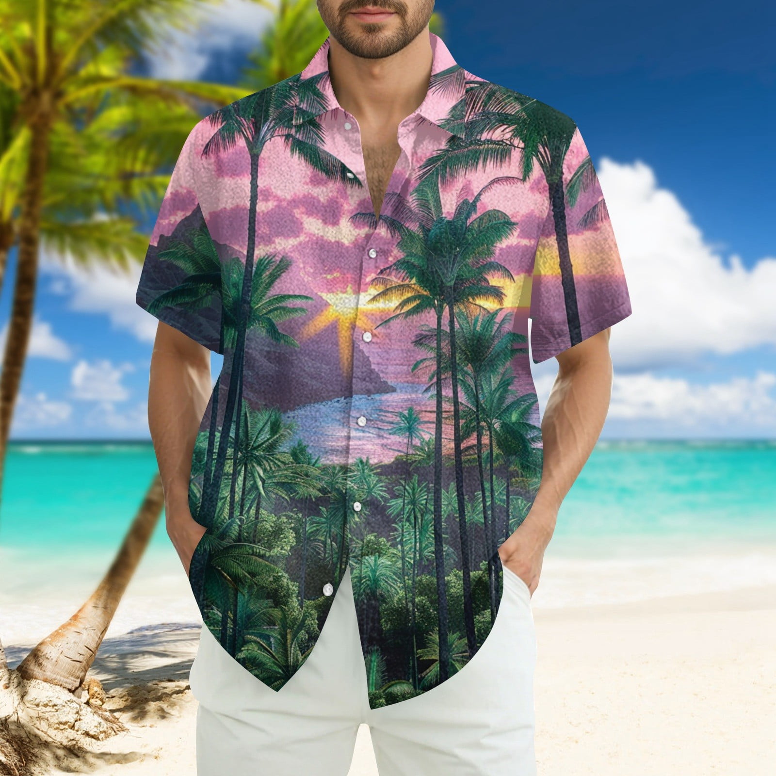 CHCNHAC Mens Beach Shirts Summer Short Sleeve Button Down Floral Shirts ...
