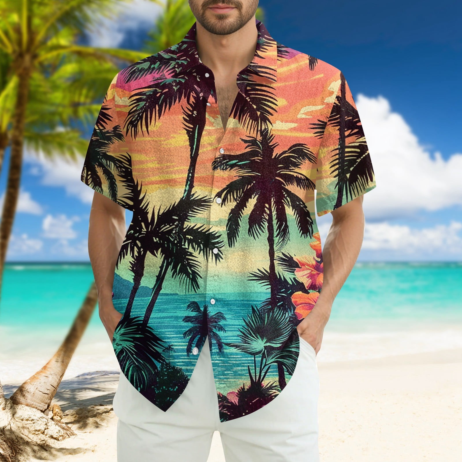 CHCNHAC Mens Beach Shirts Summer Short Sleeve Button Down Floral Shirts ...