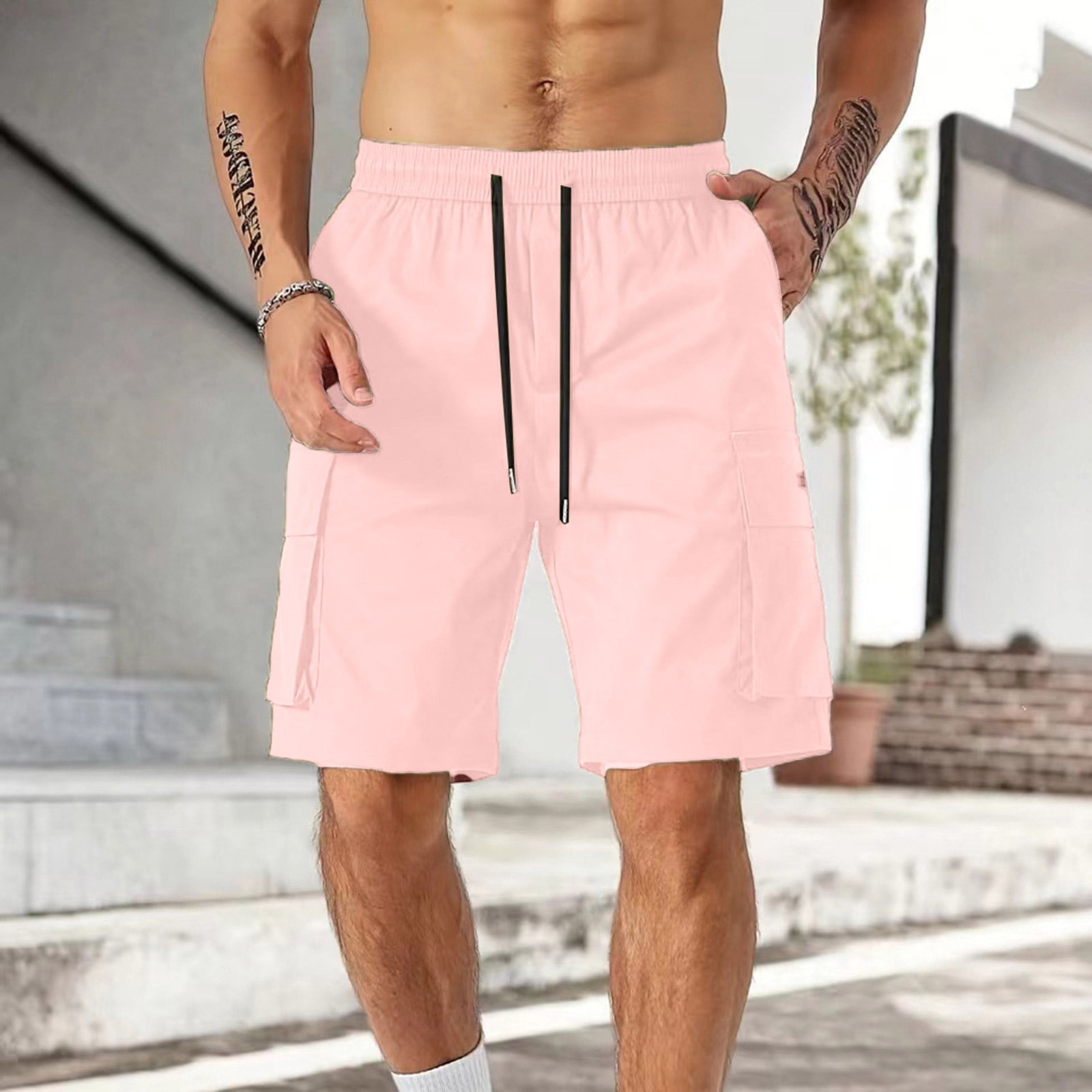 CHCNHAC Mens Casual Twill Cargo Shorts Below Knee Elastic Waistband ...