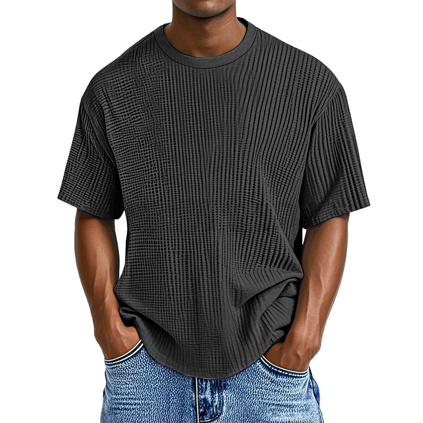 CHCNHAC Mens Knit Waffle T Shirts Casual Textured Crew Neck Tee Solid ...