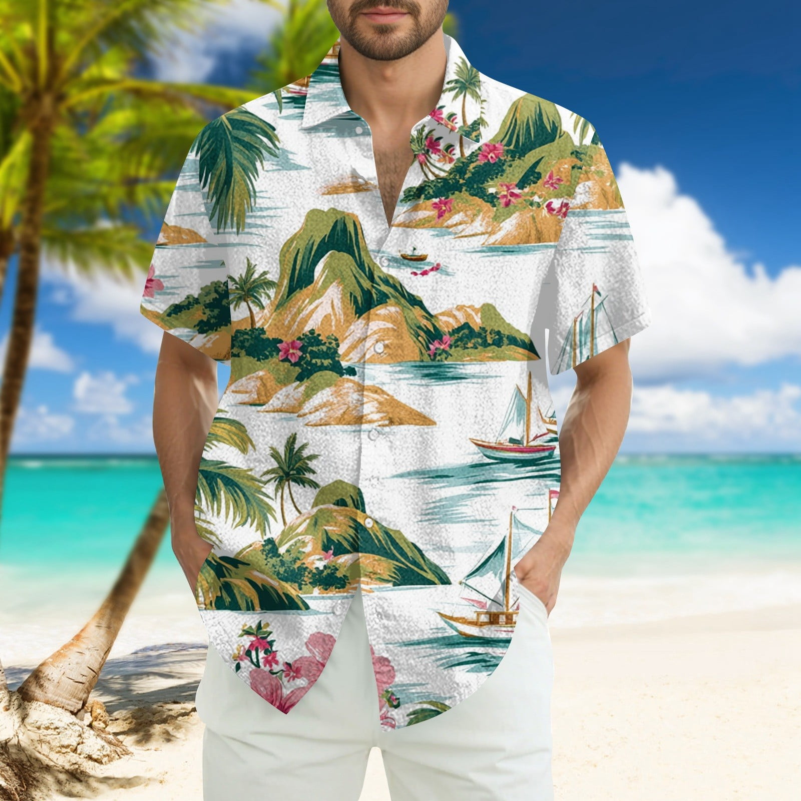 CHCNHAC Mens Vacation Shirts Summer Short Sleeve Button Down Floral ...