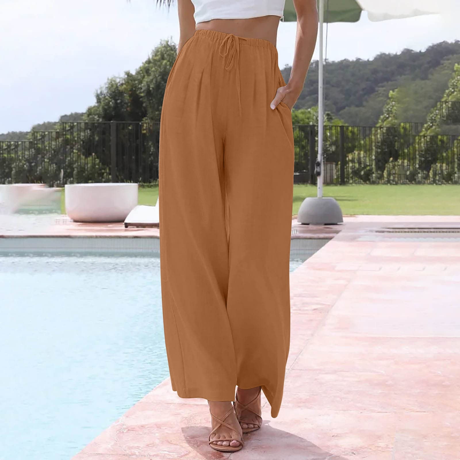 CHCNHAC Palazzo Pants for Women Flowy Linen Pant Baggy Wide Leg ...