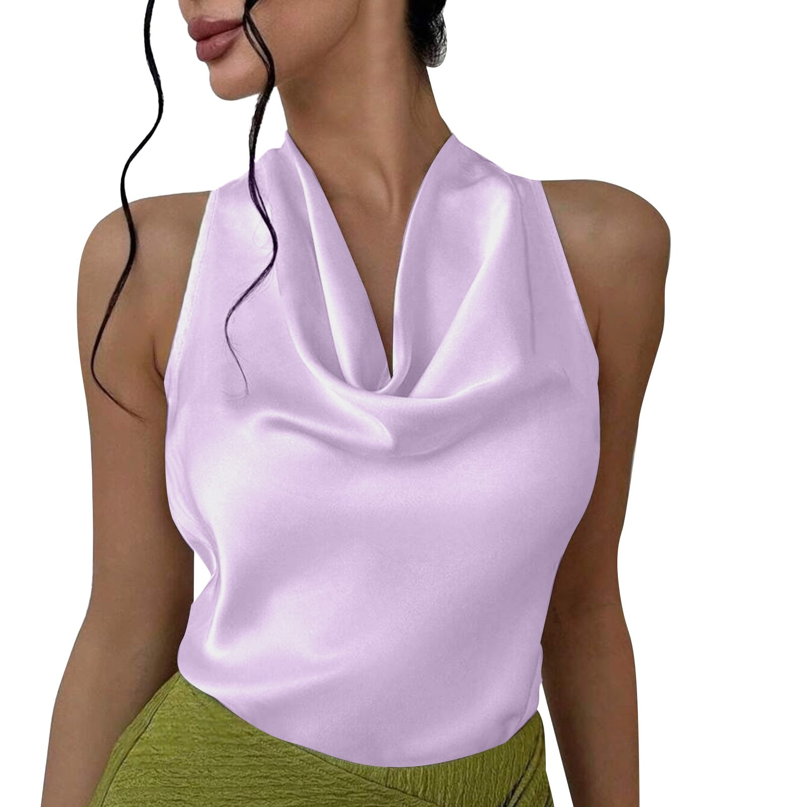 CHCNHAC Pink Halter Tops for Women Ruched Draped Satin Silk Tops Tie ...