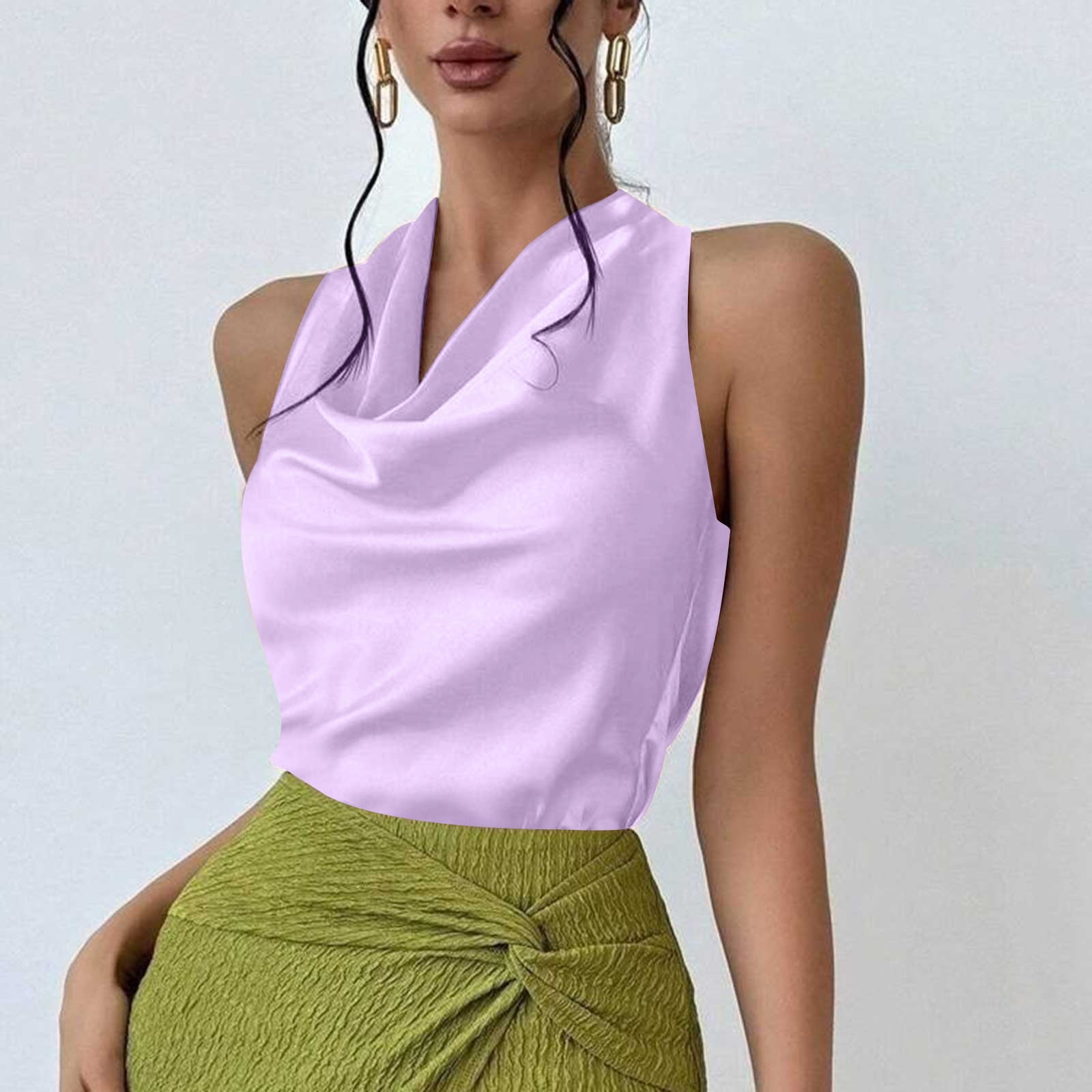 CHCNHAC Pink Halter Tops for Women Satin Silky Cowl Neck Top Ruched ...