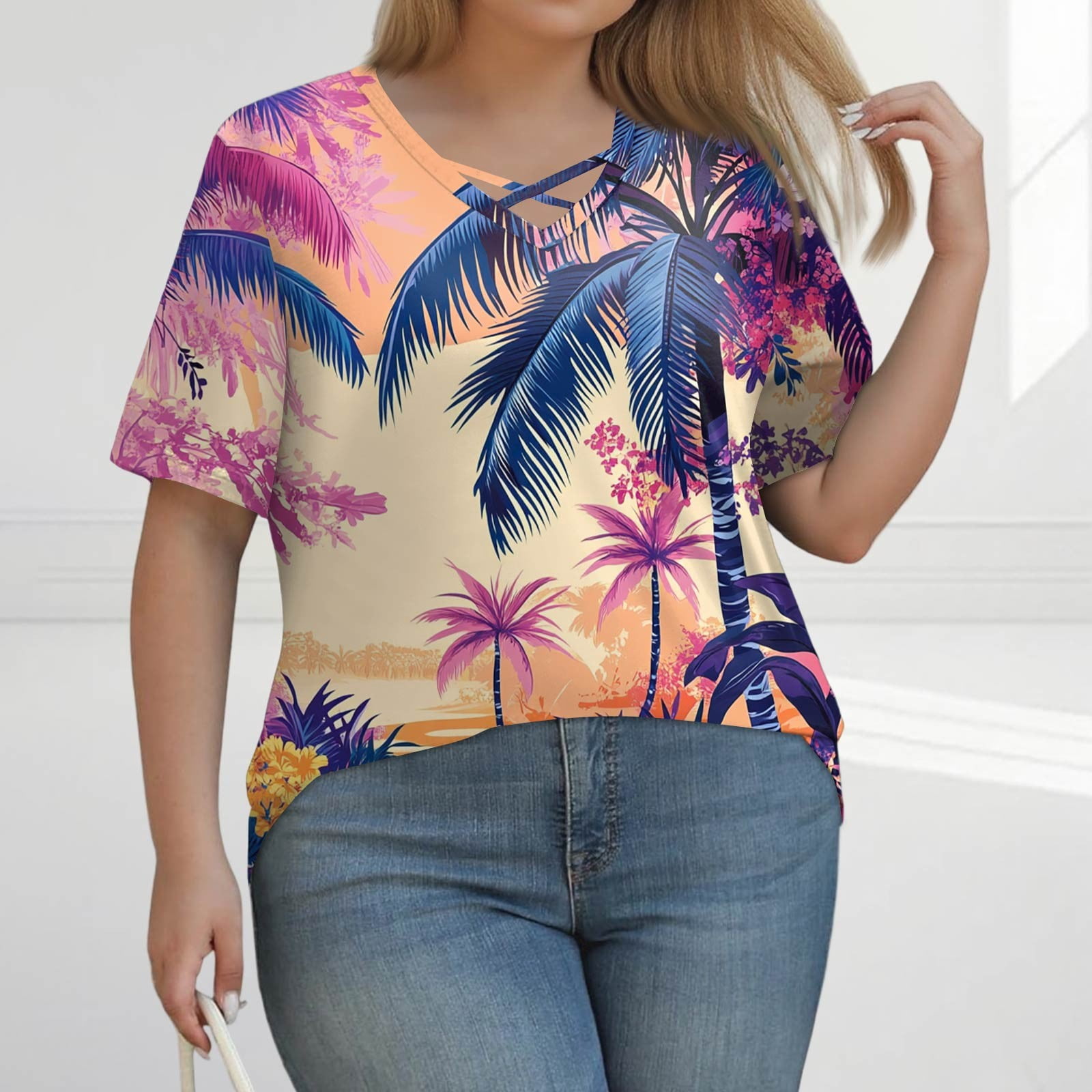 CHCNHAC Plus Size Tops for Women Criss Cross Spring Top Oversized V ...