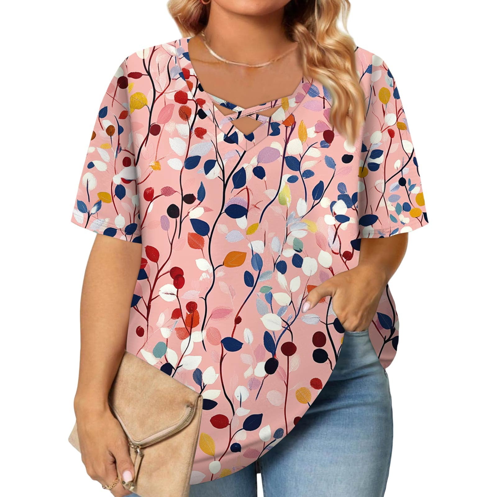 CHCNHAC Plus Size Tops for Women Criss Cross V Neck Tunic Tops Casual ...
