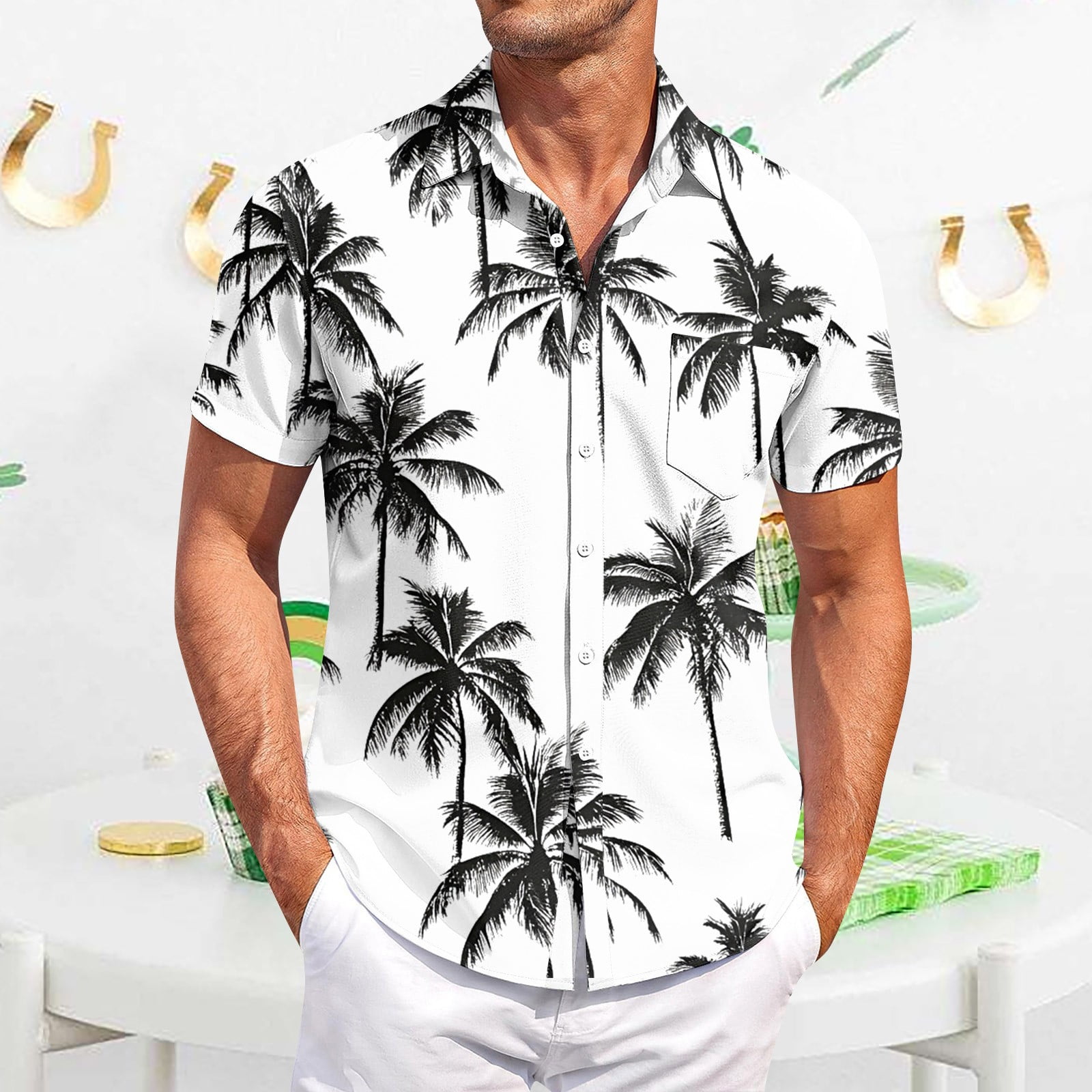 CHCNHAC Rave Shirt Men Summer Short Sleeve Button Down Shirts Casual Hawaiian Palm Print Aloha ...