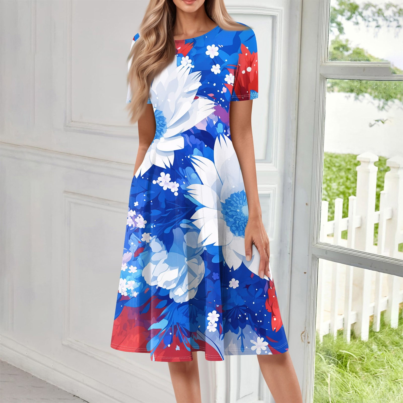 CHCNHAC Spring Midi Dresses for Women Independence Day Short Sleeve ...