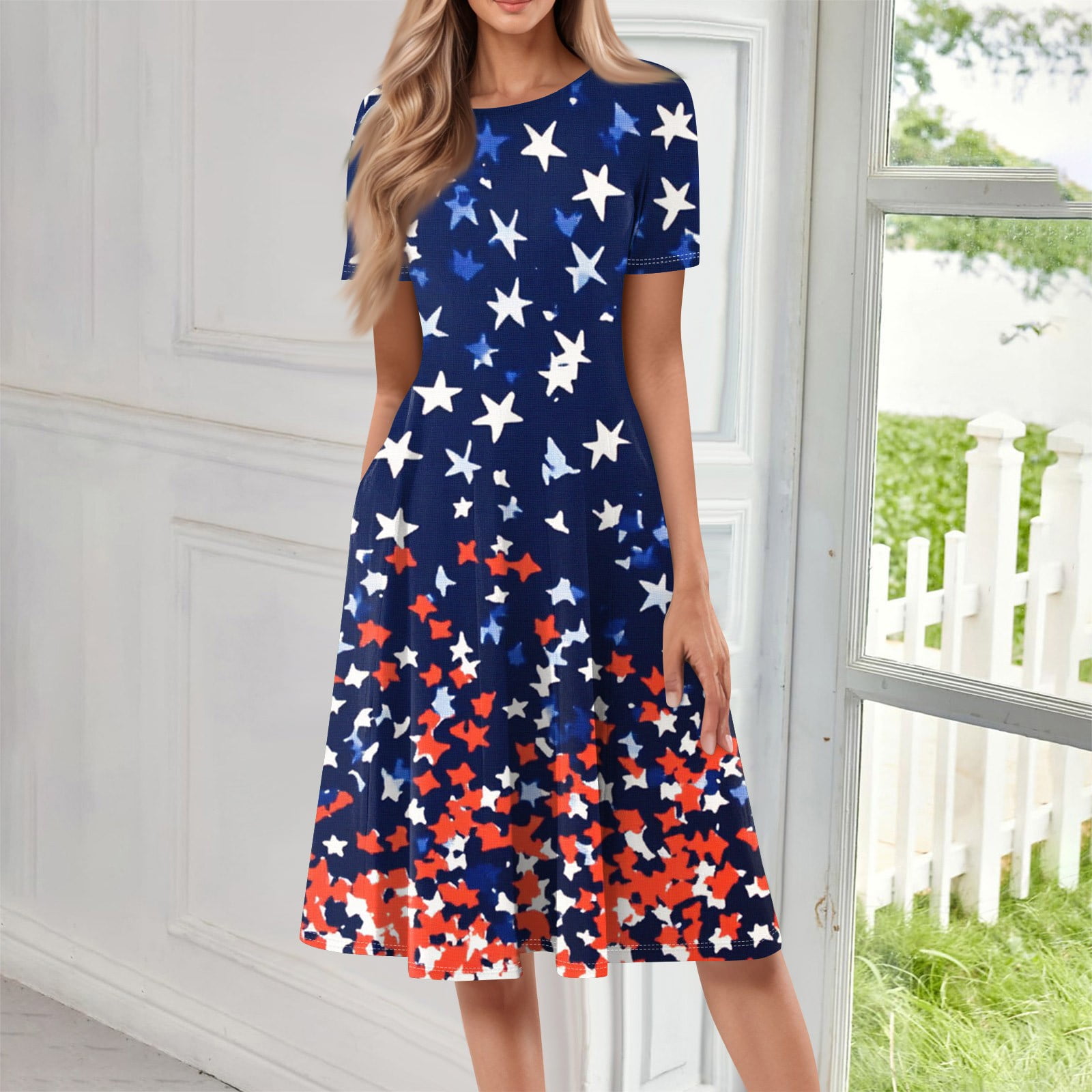 CHCNHAC Spring Midi Dresses for Women Independence Day Short Sleeve ...