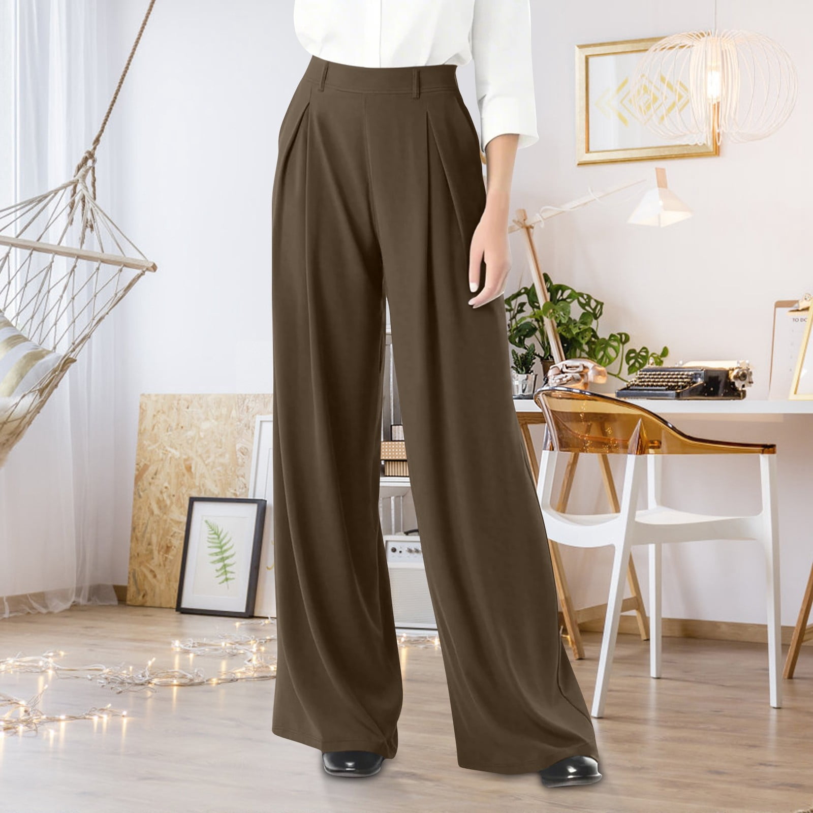 CHCNHAC Stretchy Work Pants for Women Stretch Wide Leg Waffle Knit ...