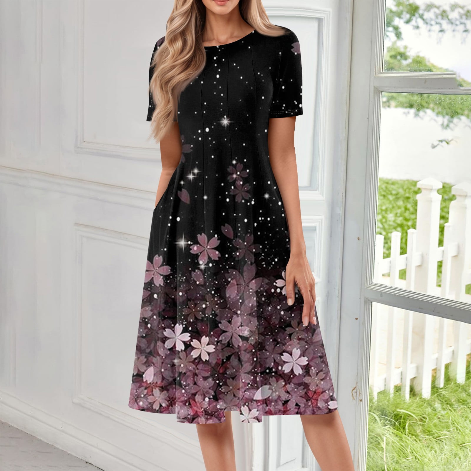 CHCNHAC Summer Dresses For Women 2025 Short Sleeve Crew Neck Midi ...