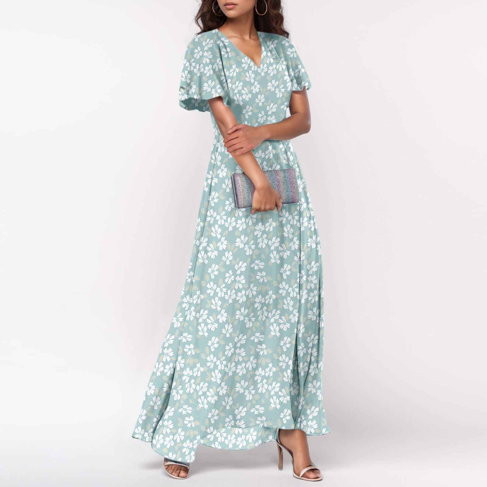 CHCNHAC Summer Midi Dresses for Women Chiffon V-Neck Dresses Floral ...