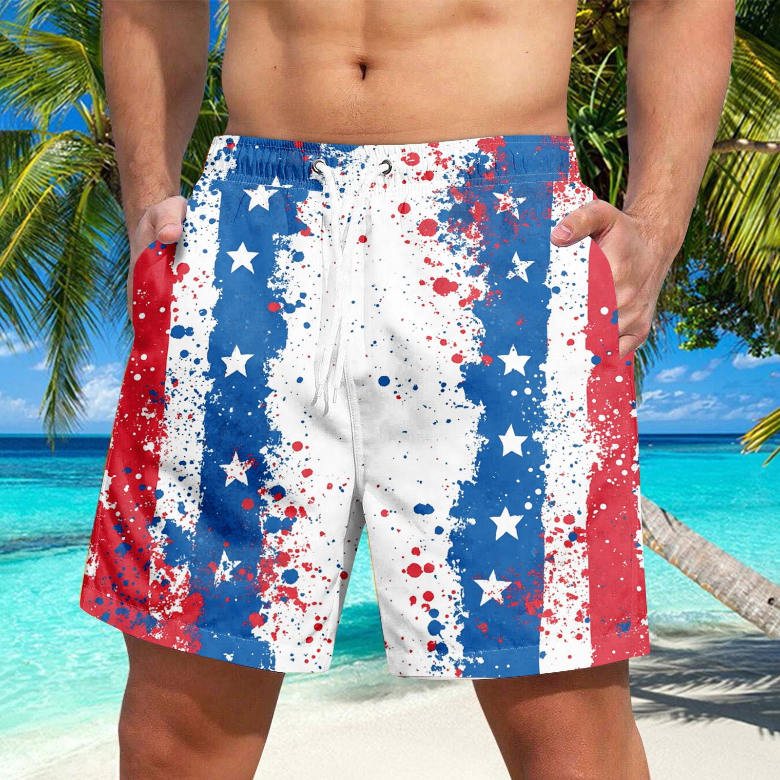 CHCNHAC Summer Shorts Independence Day Elastic Waist Drawstring Shorts 4th Of July American Flag ...