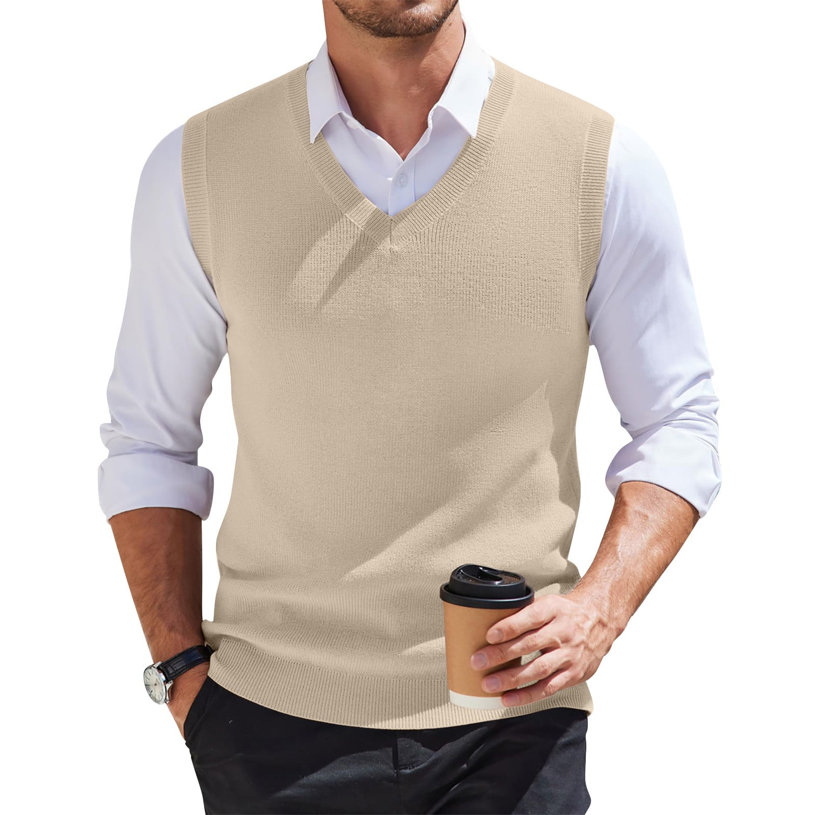 CHCNHAC Sweater Vests Men Casual V-Neck Slim Fit Cable Knit Sleeveless ...
