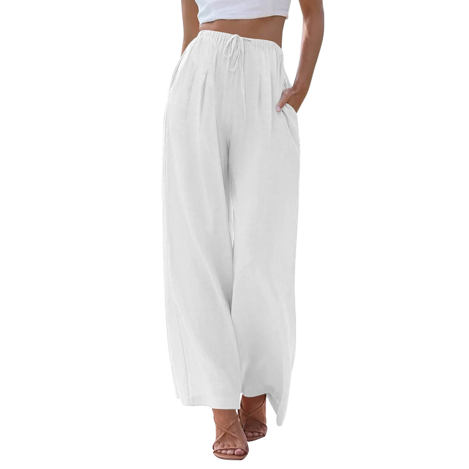 CHCNHAC White Beach Vacation Clothes for Women Palazzo Flowy Cotton Linen Pant Comfy Wide Leg ...