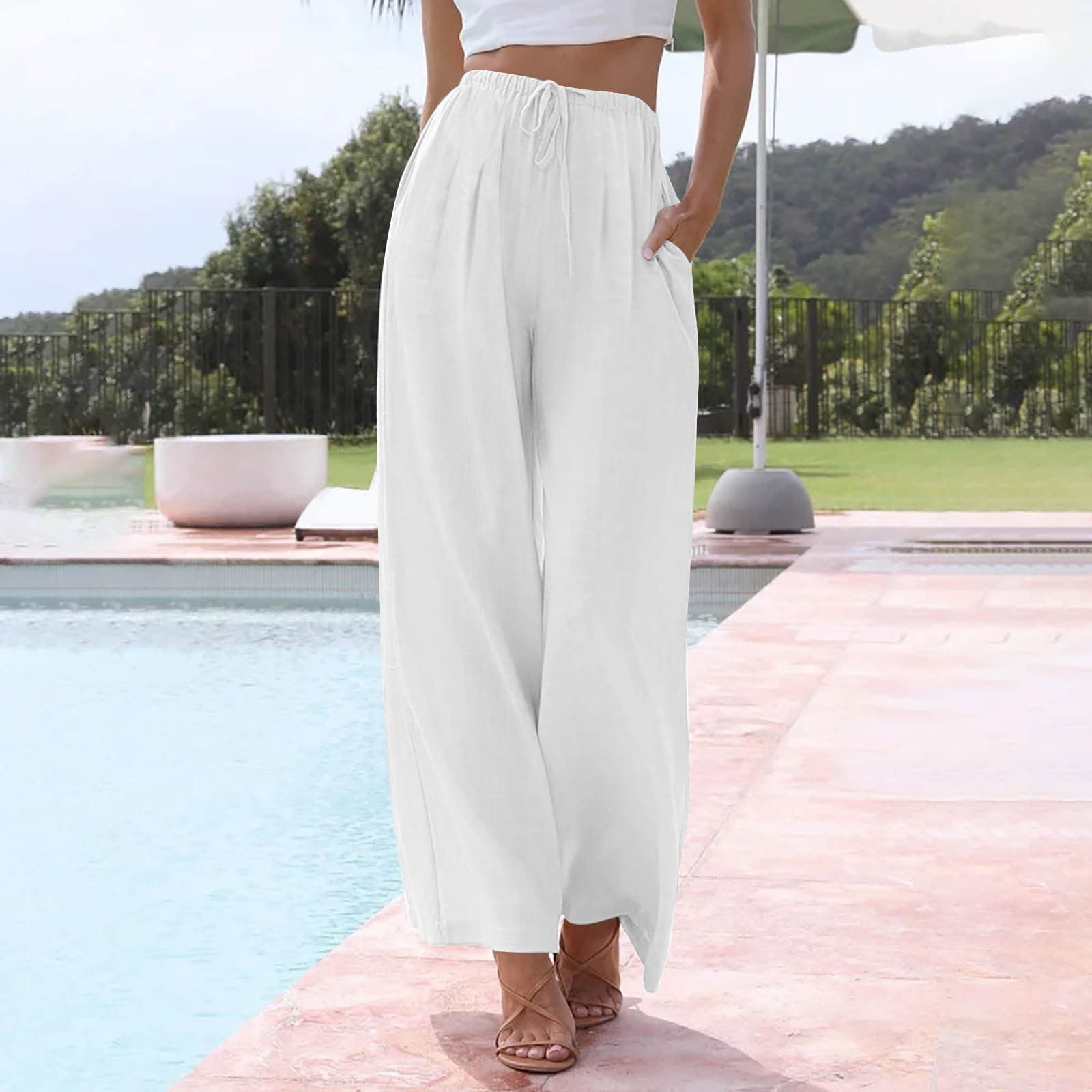 CHCNHAC White Flowy Pants for Women Palazzo Linen Pant Baggy Wide Leg ...