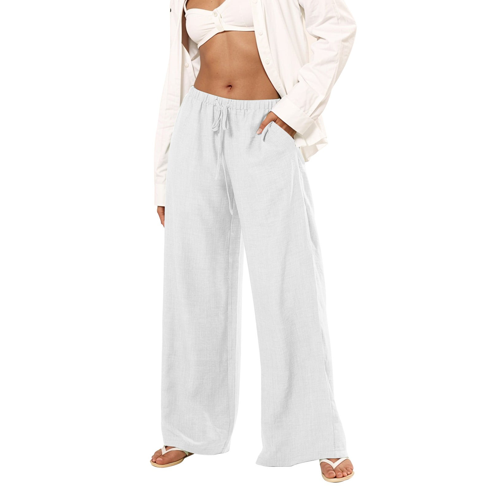CHCNHAC White Flowy Pants for Women Palazzo Pant Comfy Wide Leg Beach ...