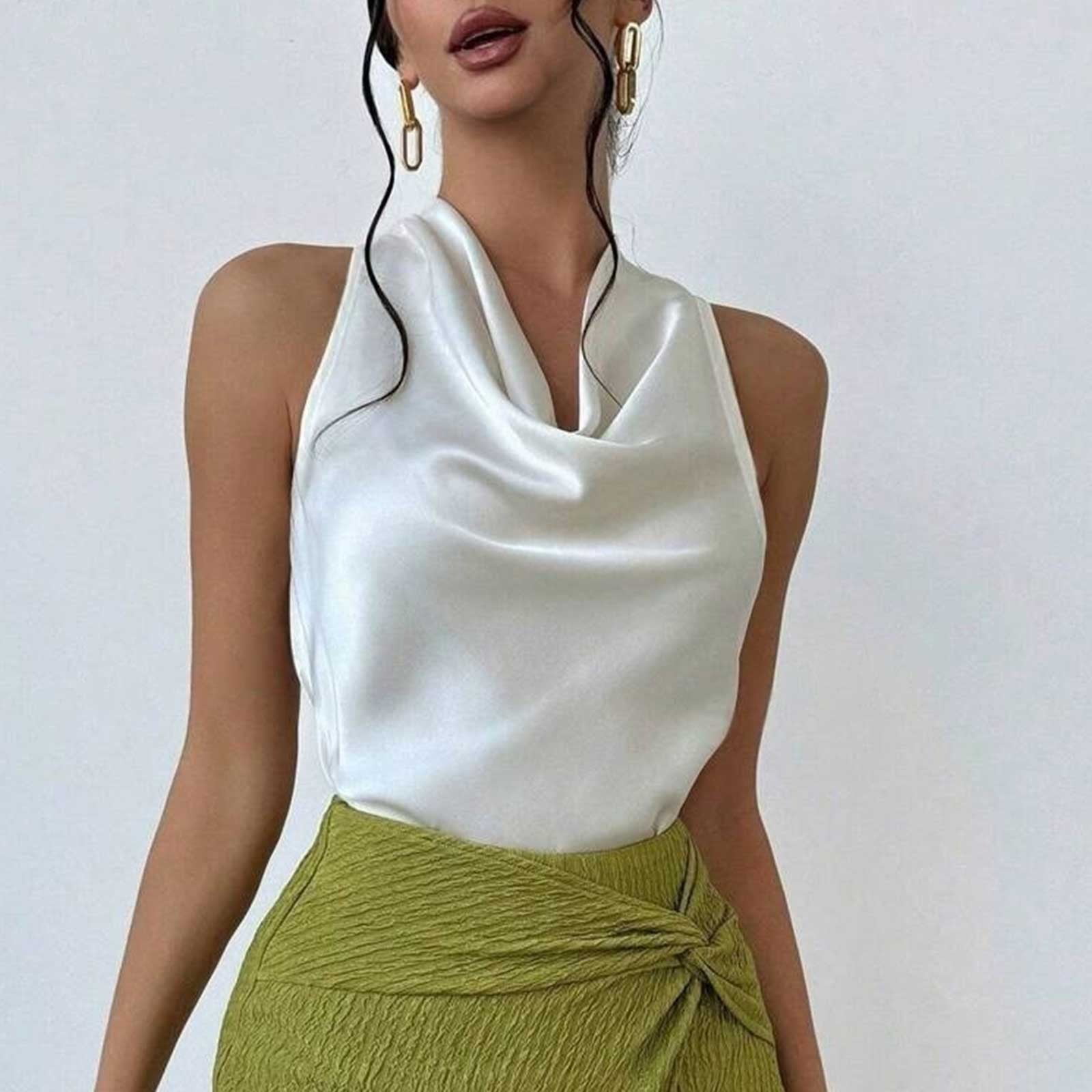 CHCNHAC White Halter Tops for Women Satin Silky Draped Front Blouse Tie ...