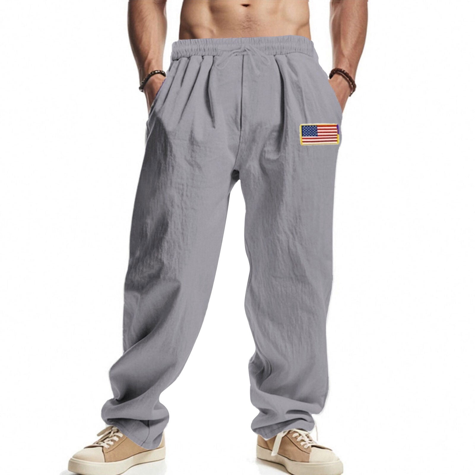 CHCNHAC White Linen Pants for Men Independence Day Elastic Waist Wide ...