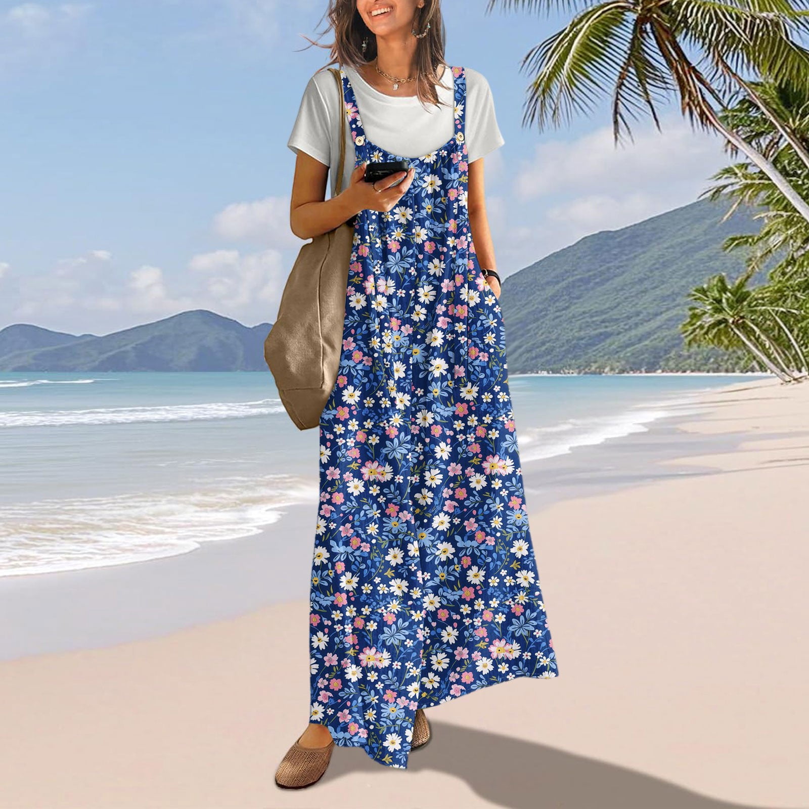 CHCNHAC Wide Leg Jumpsuits Women Casual Bohemian Floral Pleated Overall ...