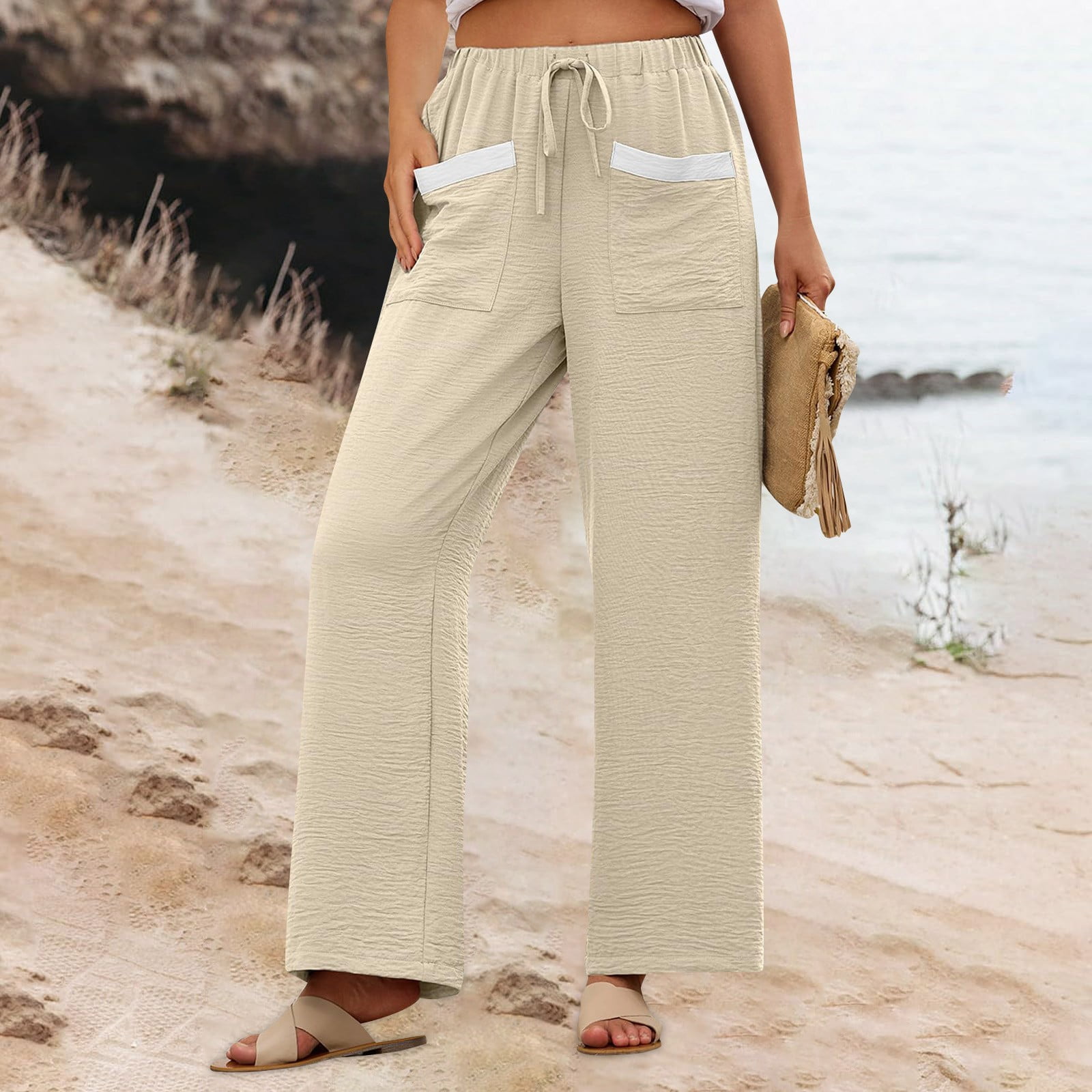 CHCNHAC Wide Leg Pants Woman Palazzo Flowy Cotton Linen Pant Baggy ...