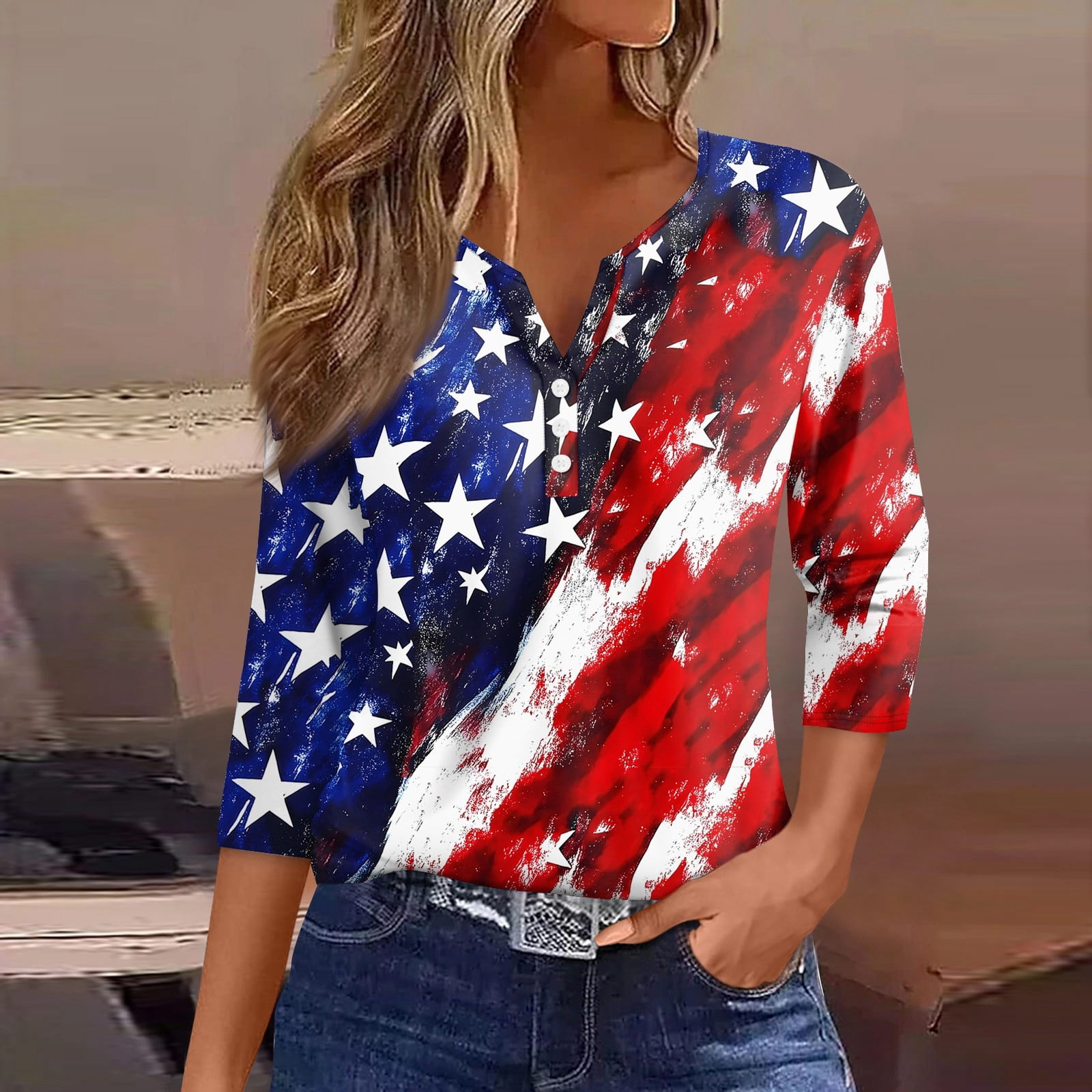 CHCNHAC Women American Flag Shirts Leisure American Flag Print Shirts Independence Day 3/4 ...