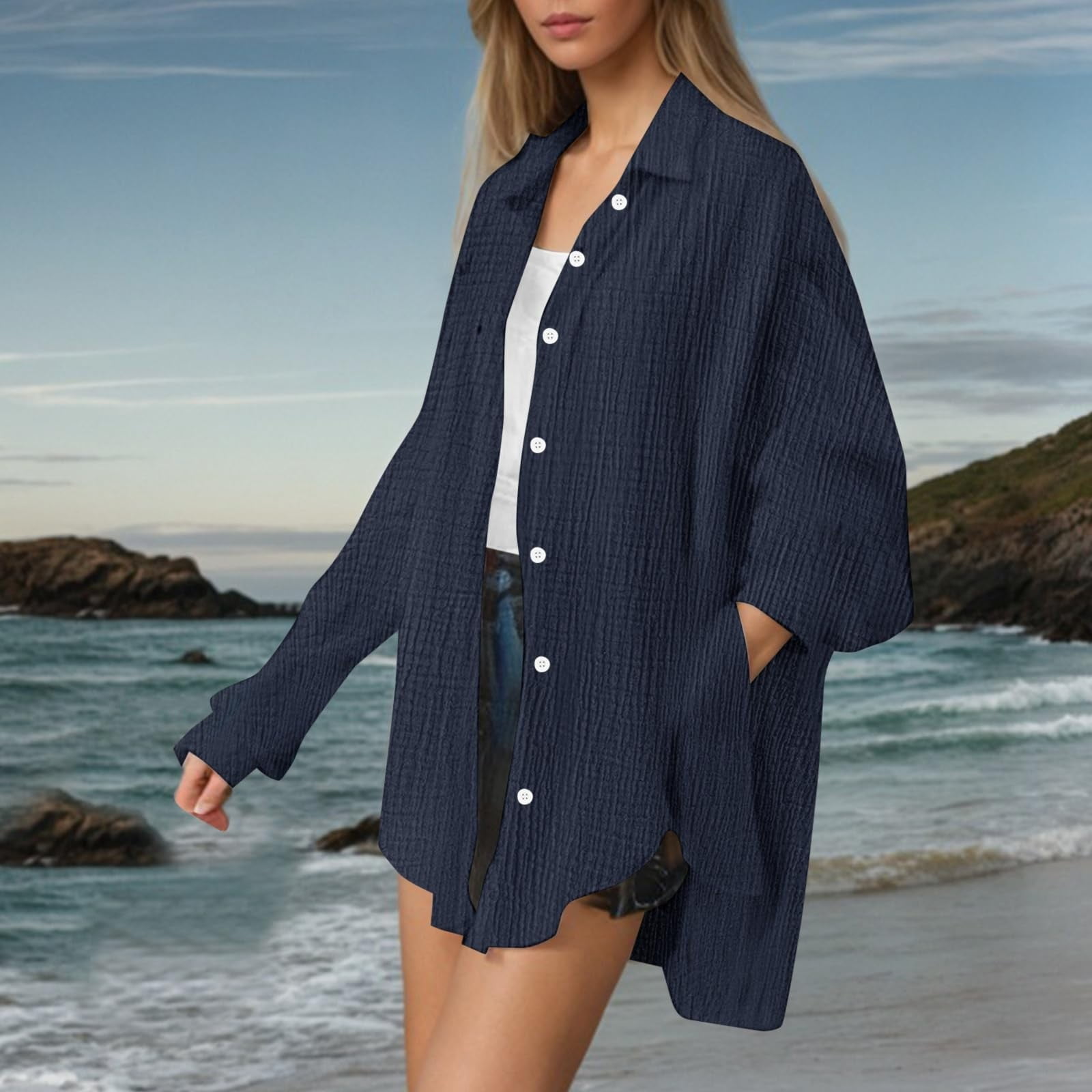 CHCNHAC Women Button Down Shirt Oversized Side Slit Shirt Gauze Collared Pastel Tops Solid Color ...