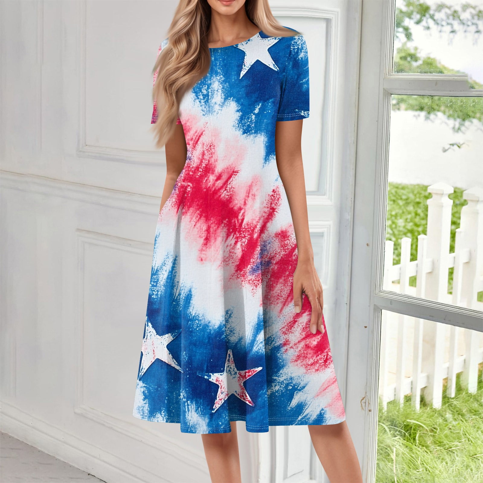 CHCNHAC Women's 4th Of July Dresses Short Sleeve Crewneck Midi Dresses ...