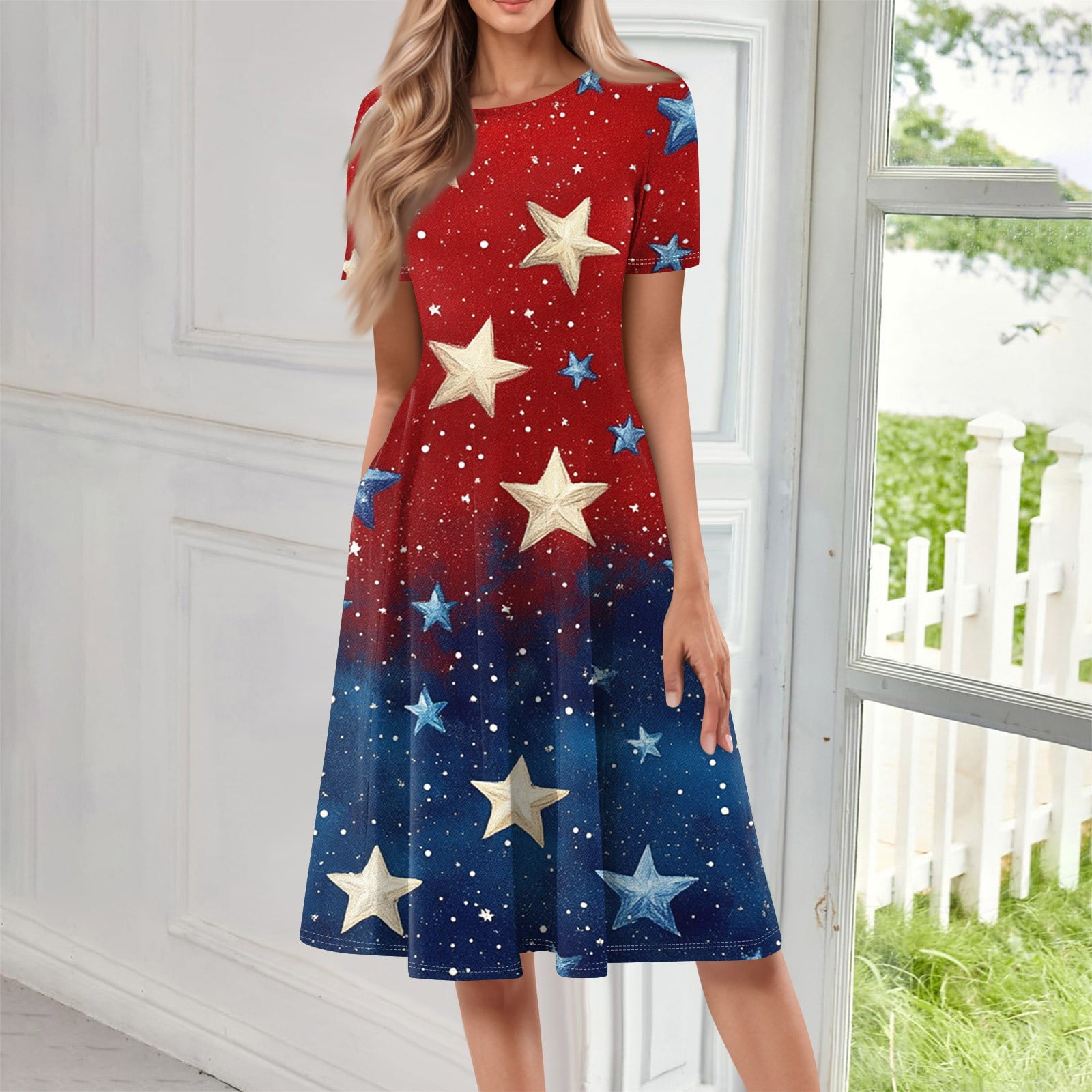 CHCNHAC Women's 4th Of July Dresses Short Sleeve Round Neck Midi ...