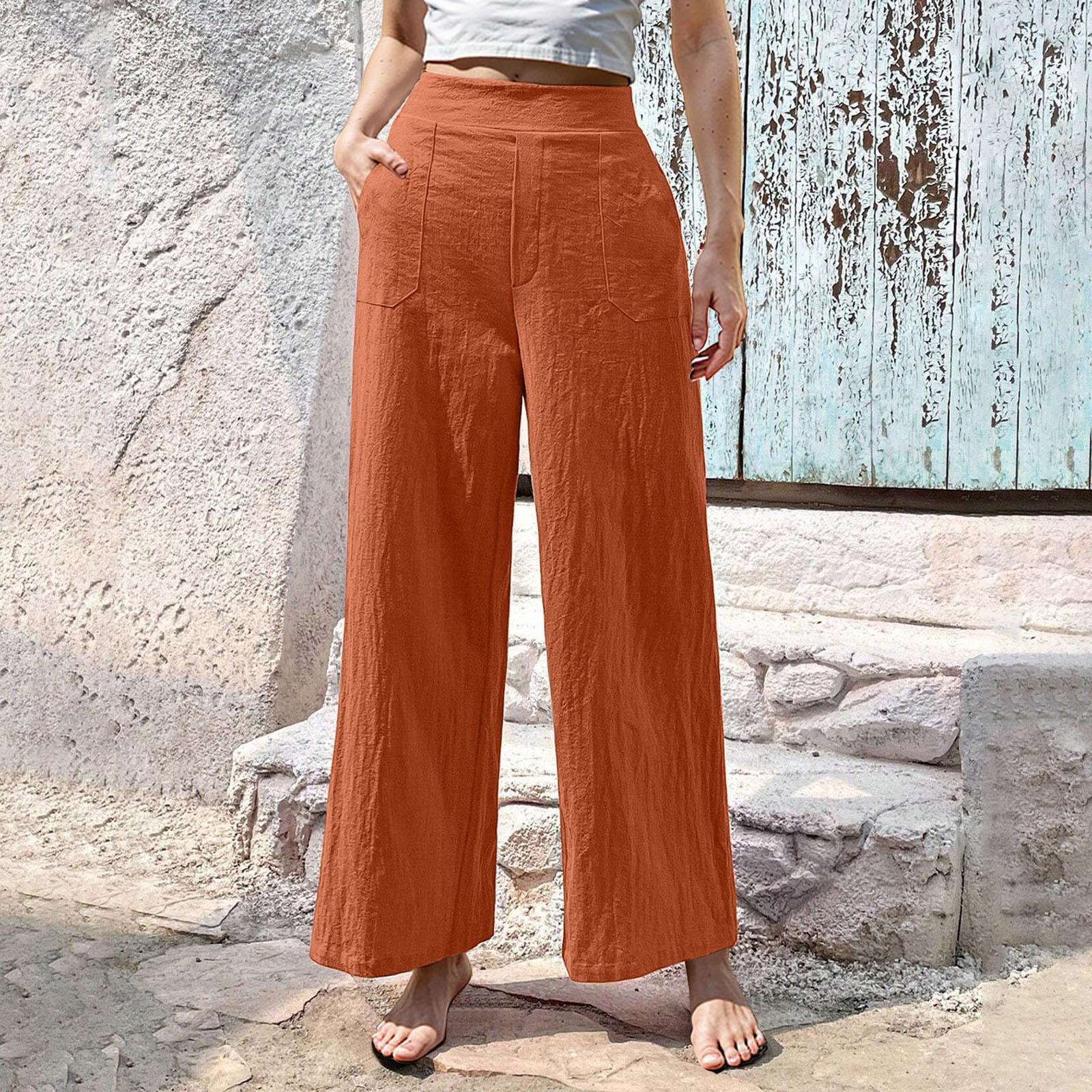 CHCNHAC Womens Linen Pants Comfy Palazzo Linen Pant Wide Leg Beach ...