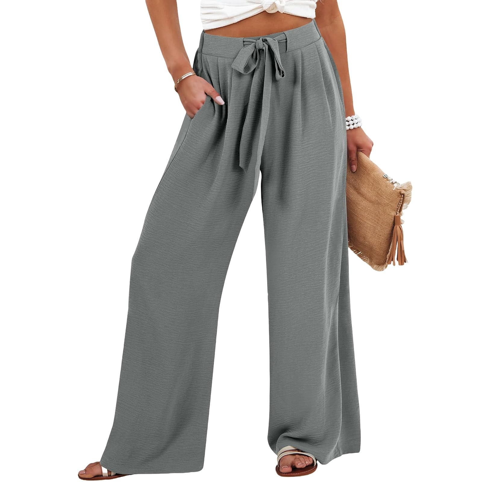 CHCNHAC Womens Linen Pants Comfy Palazzo Pant Wide Leg Trousers Pants ...
